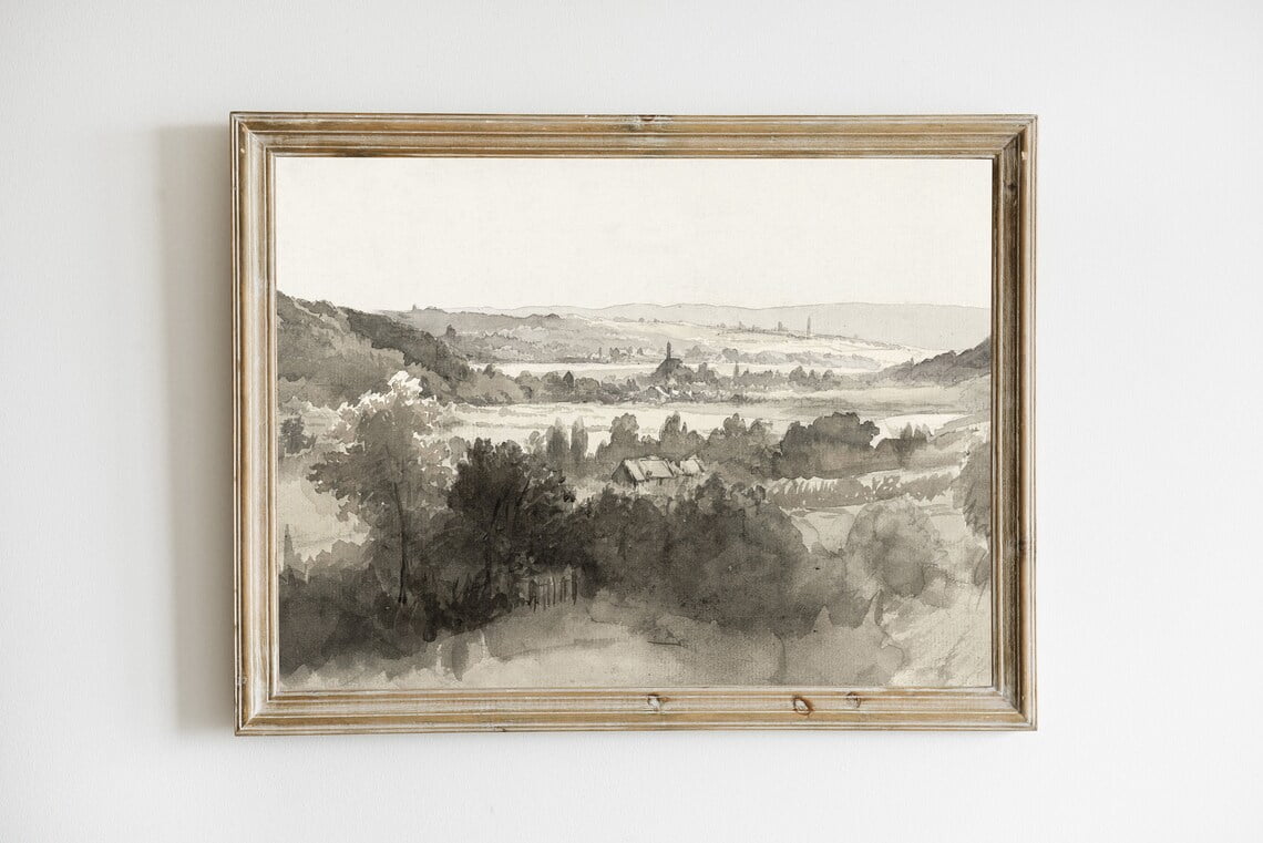 Antique Rustic Black And White Landscape, Unframed Paper Poster 24x36in ...