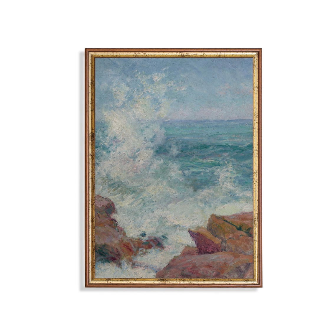 Antique Seascape Crashing Waves, Rocky Shore Unframed Paper Print ...