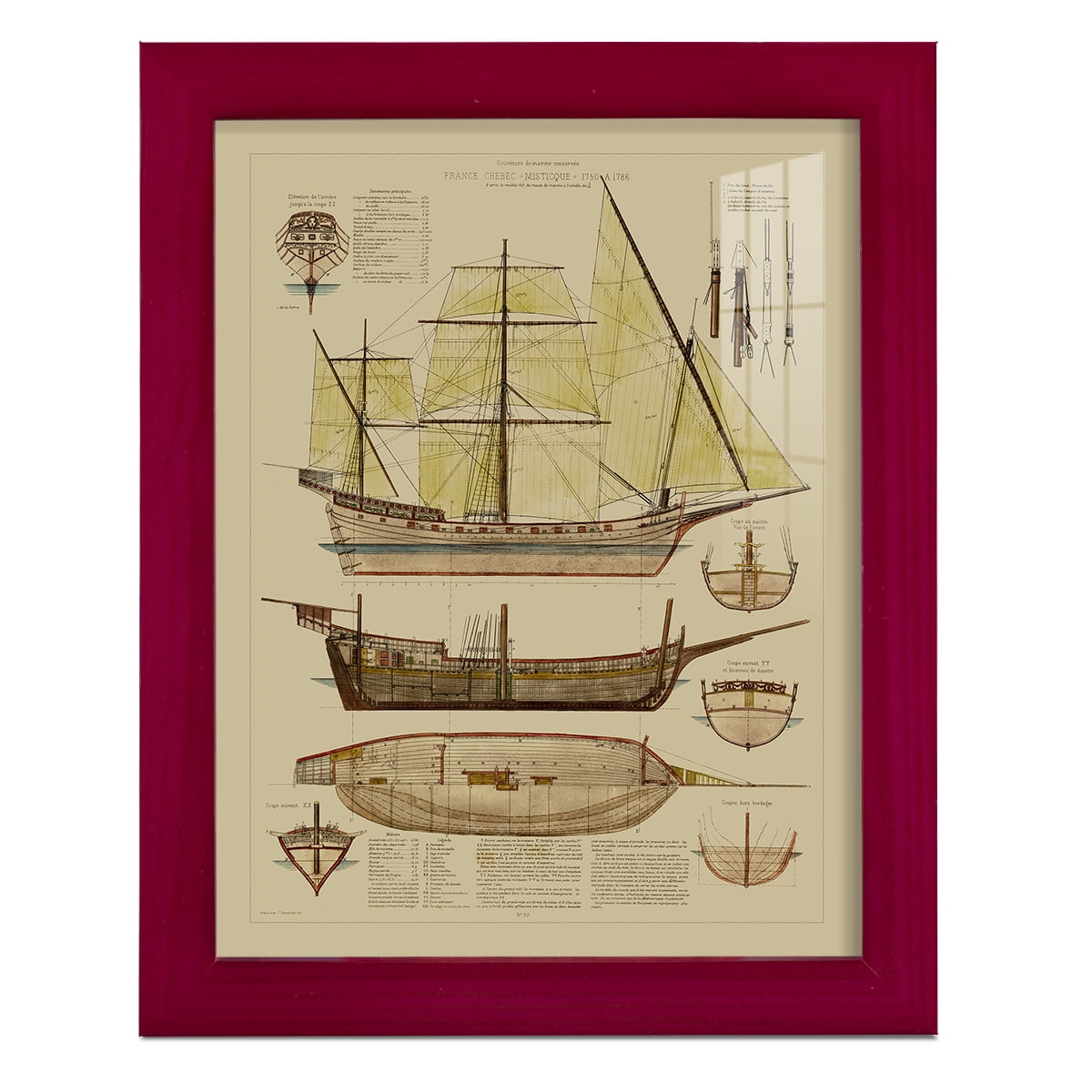 Antique Ship Plan II -Framed Print w/glass-Cherry Red - Walmart.com