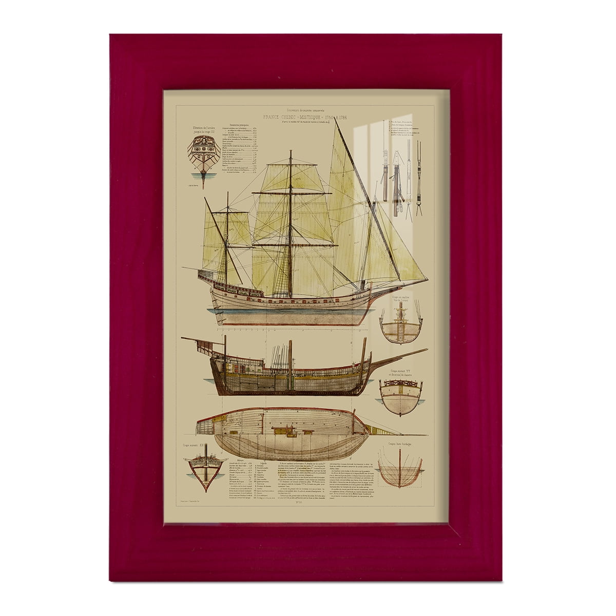 Antique Ship Plan II -Framed Print w/glass-Cherry Red - Walmart.com
