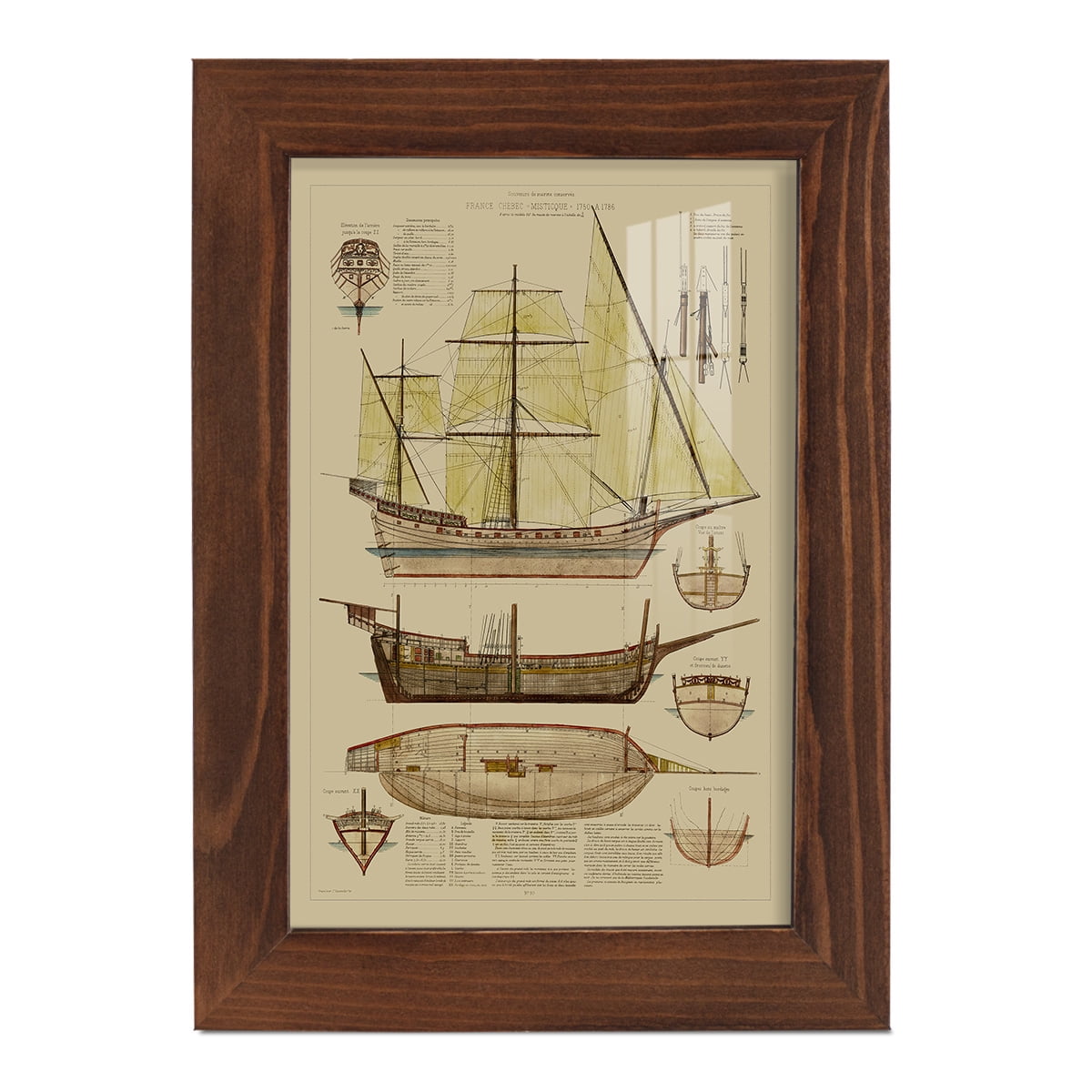 Antique Ship Plan II -Framed Print w/glass-Chestnut - Walmart.com