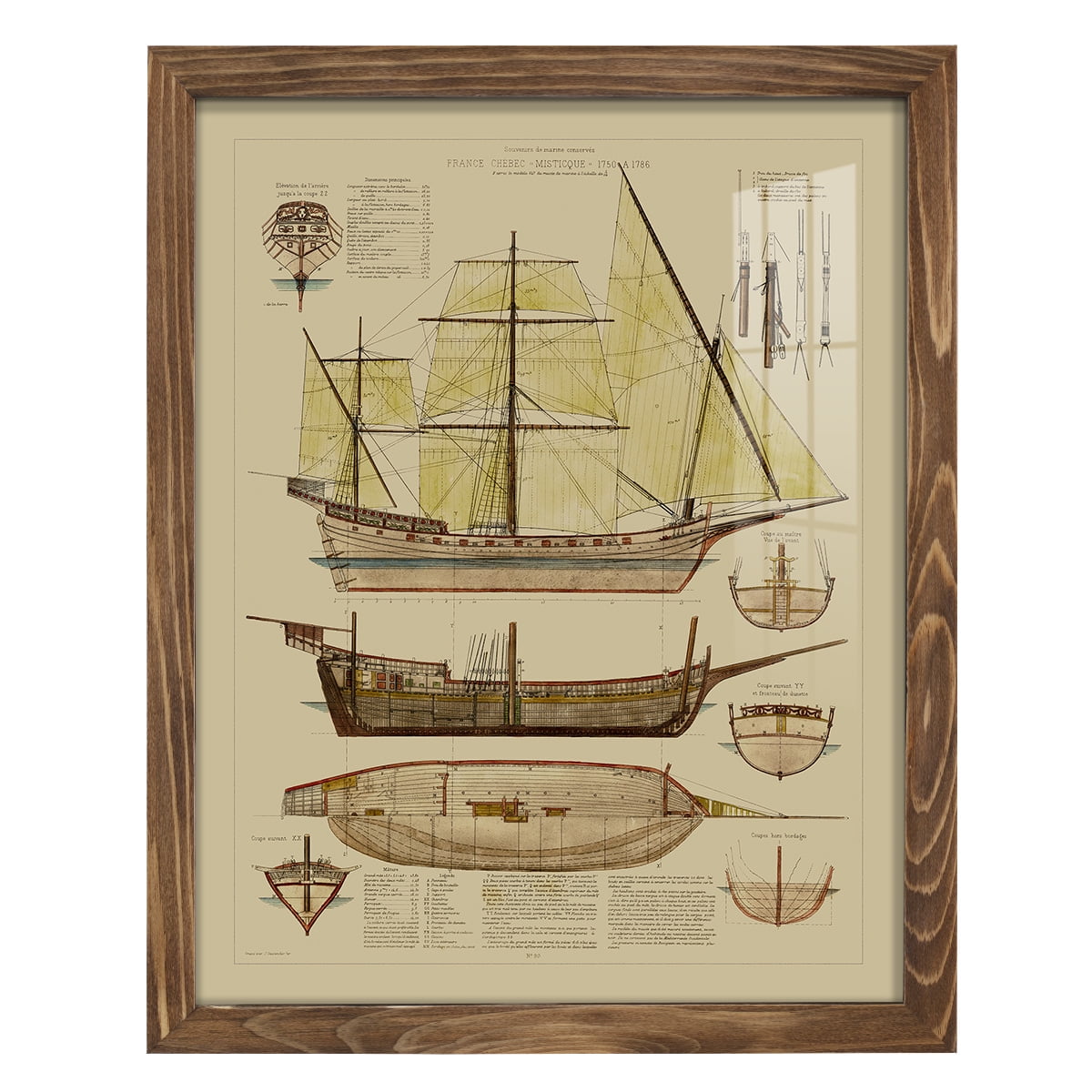 Antique Ship Plan II -Framed Print w/glass-Walnut - Walmart.com