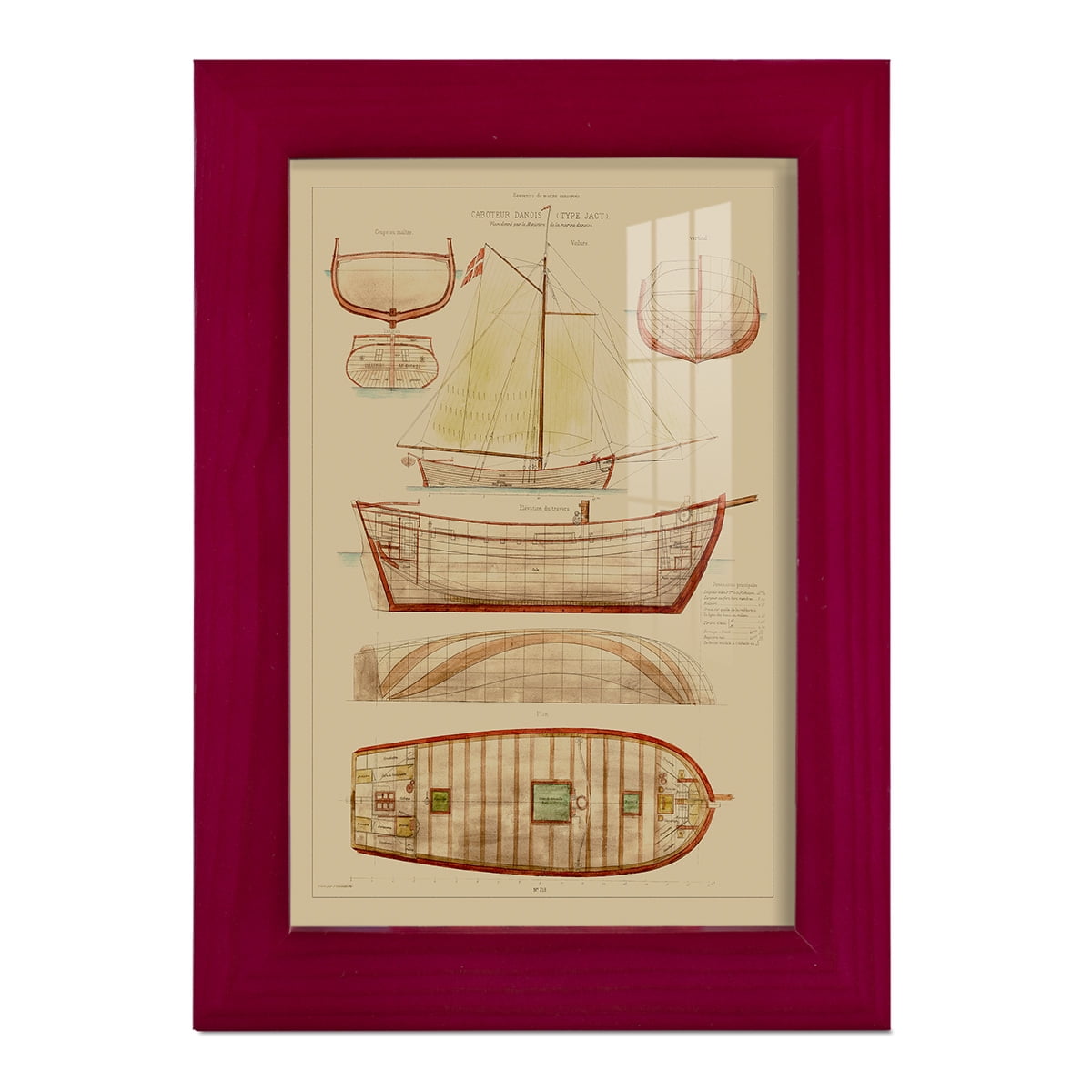 Antique Ship Plan III -Framed Print w/glass-Cherry Red - Walmart.com