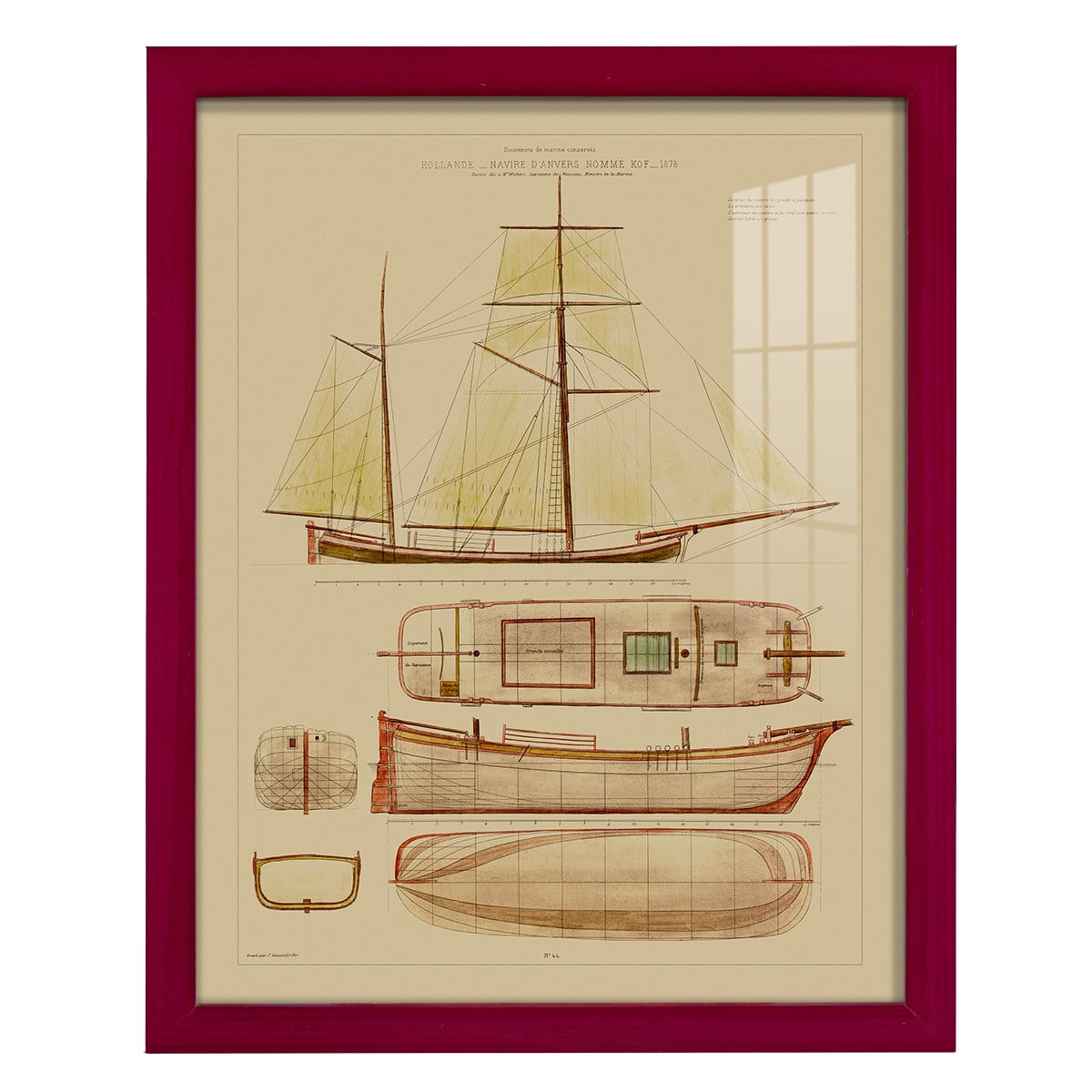 Antique Ship Plan IV -Framed Print w/glass-Cherry Red - Walmart.com