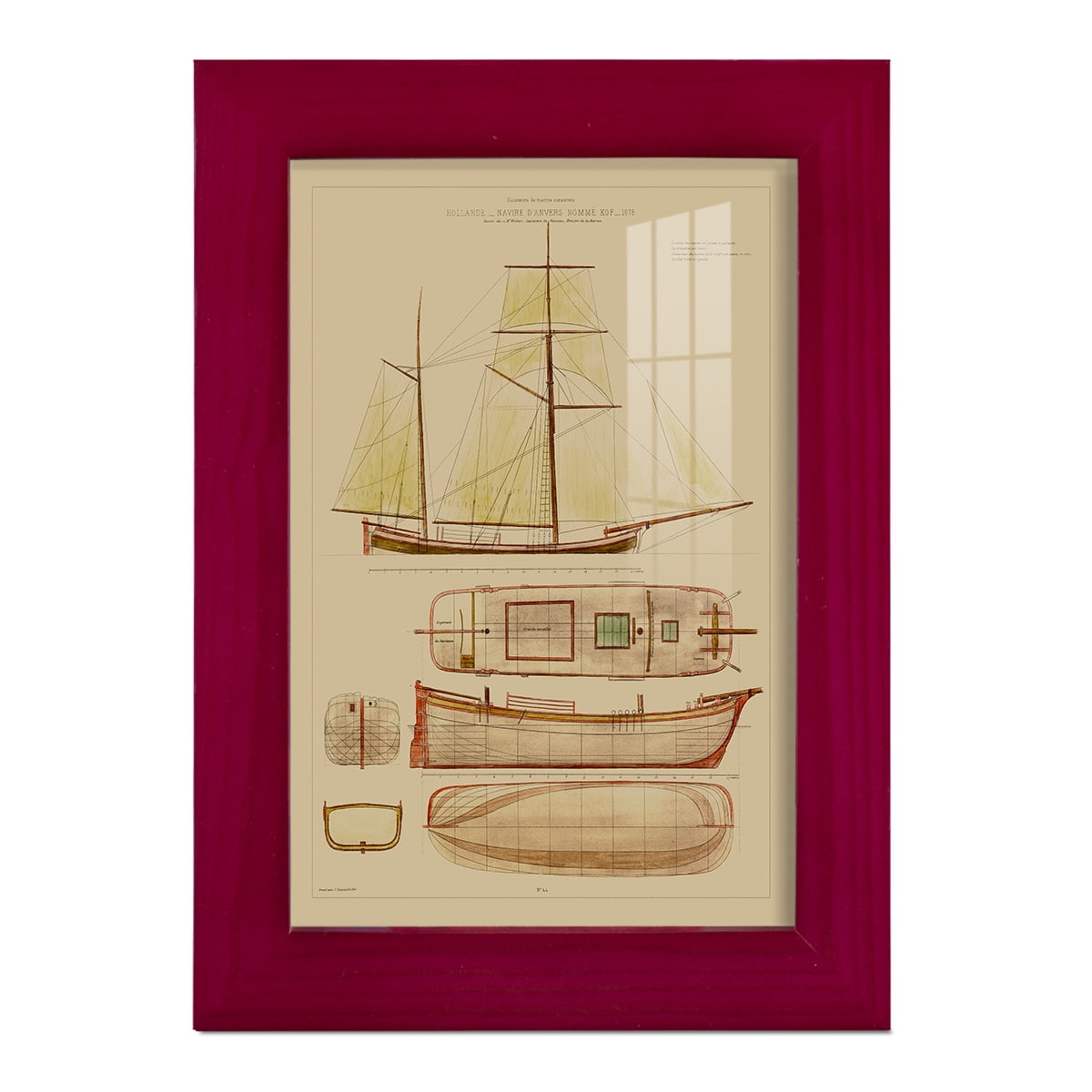 Antique Ship Plan IV -Framed Print w/glass-Cherry Red - Walmart.com