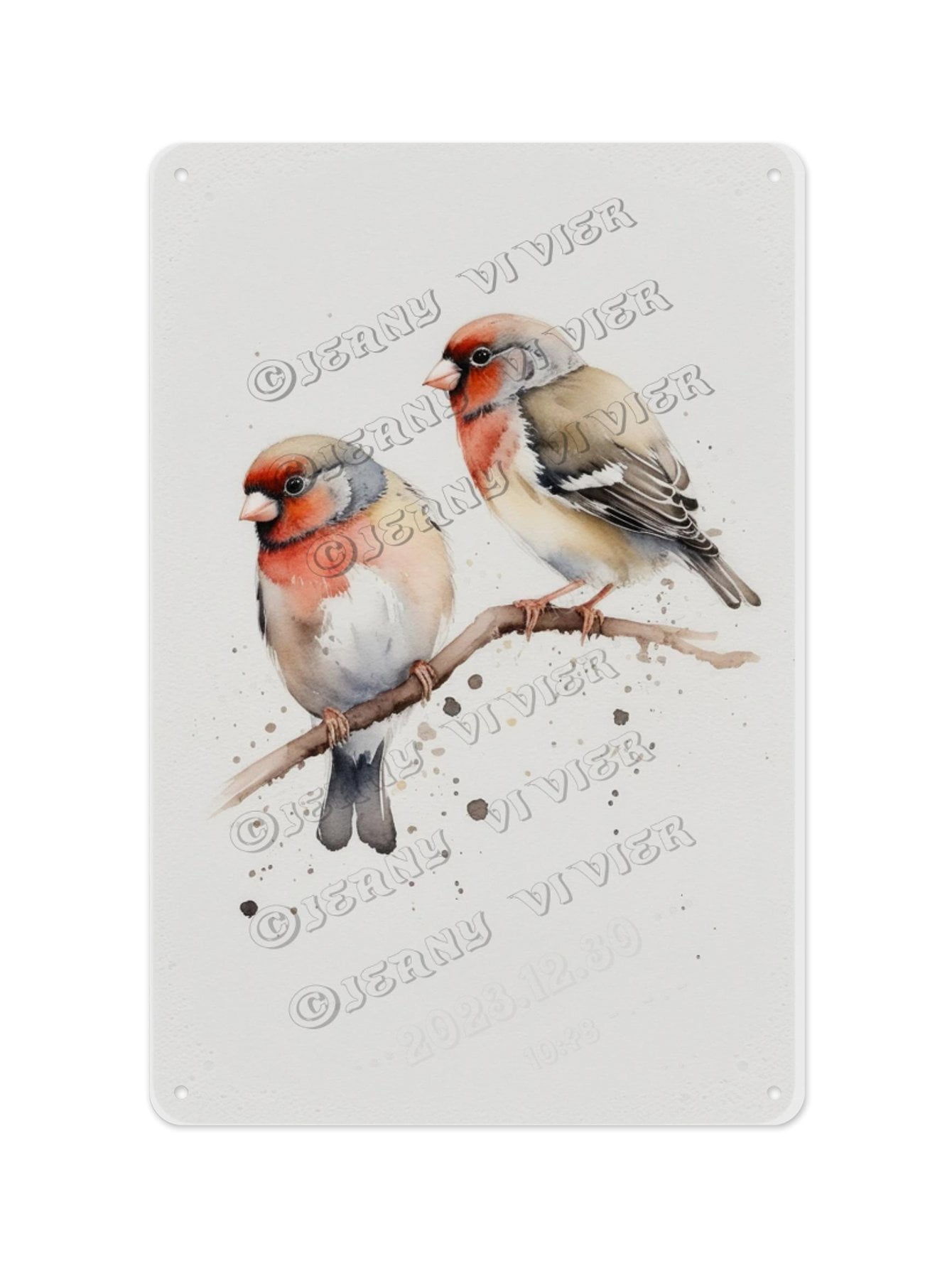 Antique Sign, Aluminum, 8 x 12 Inches, Watercolor Finches on The Branch ...