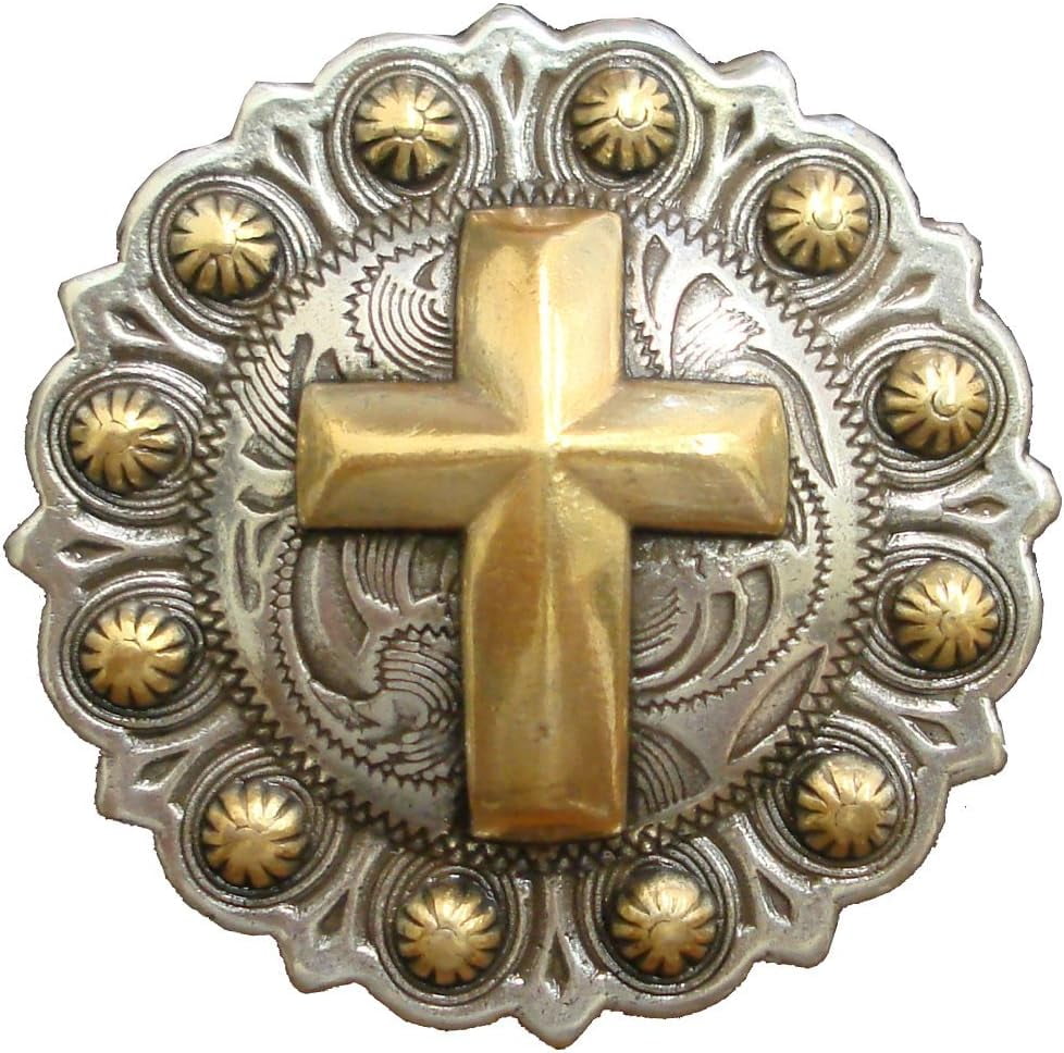Antique Silver and Plated 2 and 3/8" Wide Engraved Cross Berry Concho ...