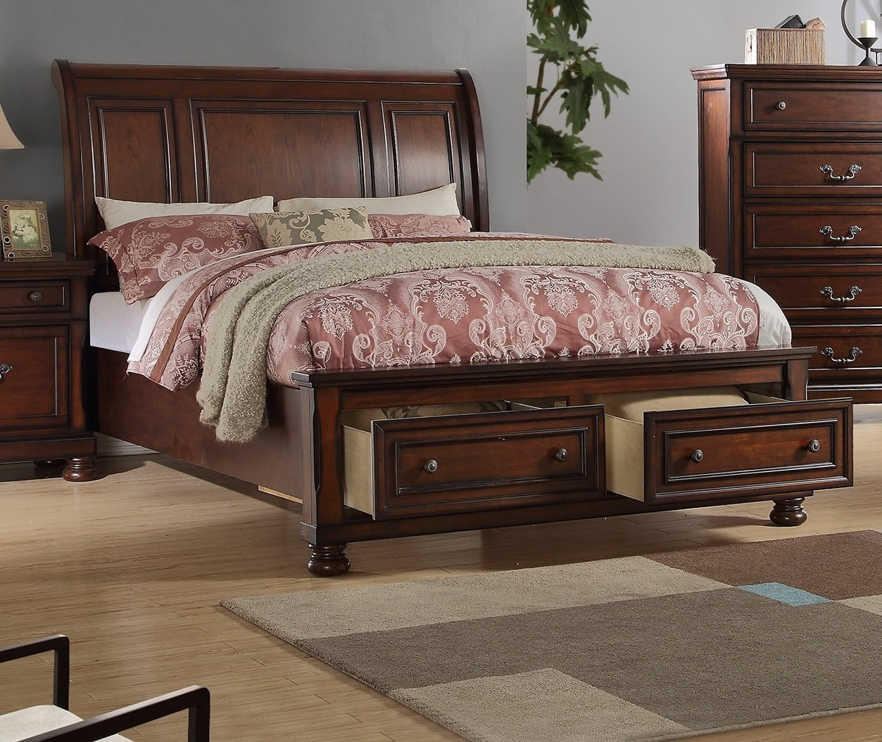 Antique Sleigh HB Storage FB Bed Bedroom Cherry Veneer Wooden 1pc ...