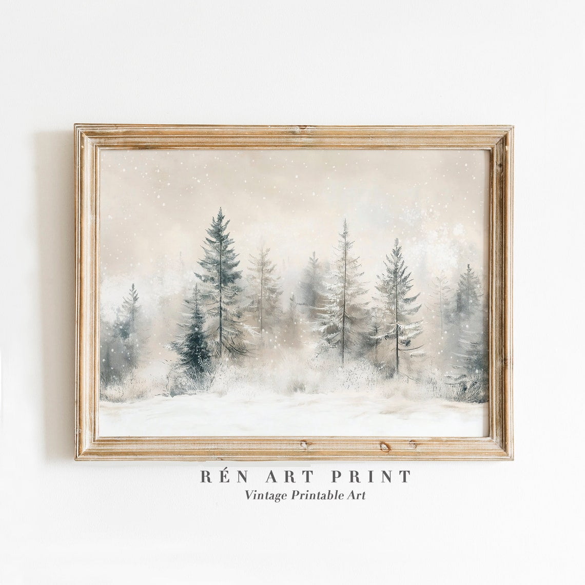 Antique Snowy Pine Tree Neutral Winter Scenery Poster, Stretched Size ...