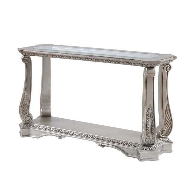 Antique Sofa Table With Polyresin Engravings And Clear Glass Top