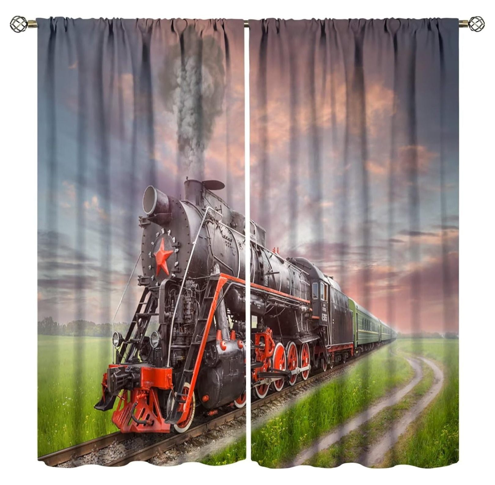 Antique Steam Engine Curtains Vintage Steam Locomotive Train Nature ...