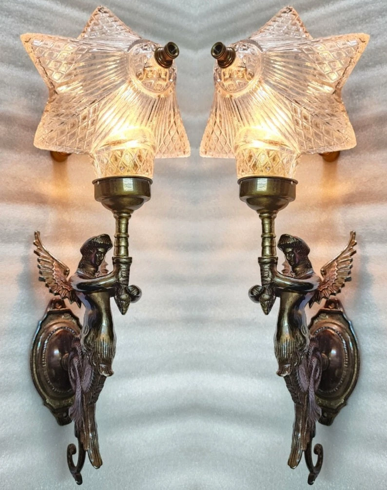Antique-Style Brass Angel Wall Sconces with Star Glass Shades – Set of ...