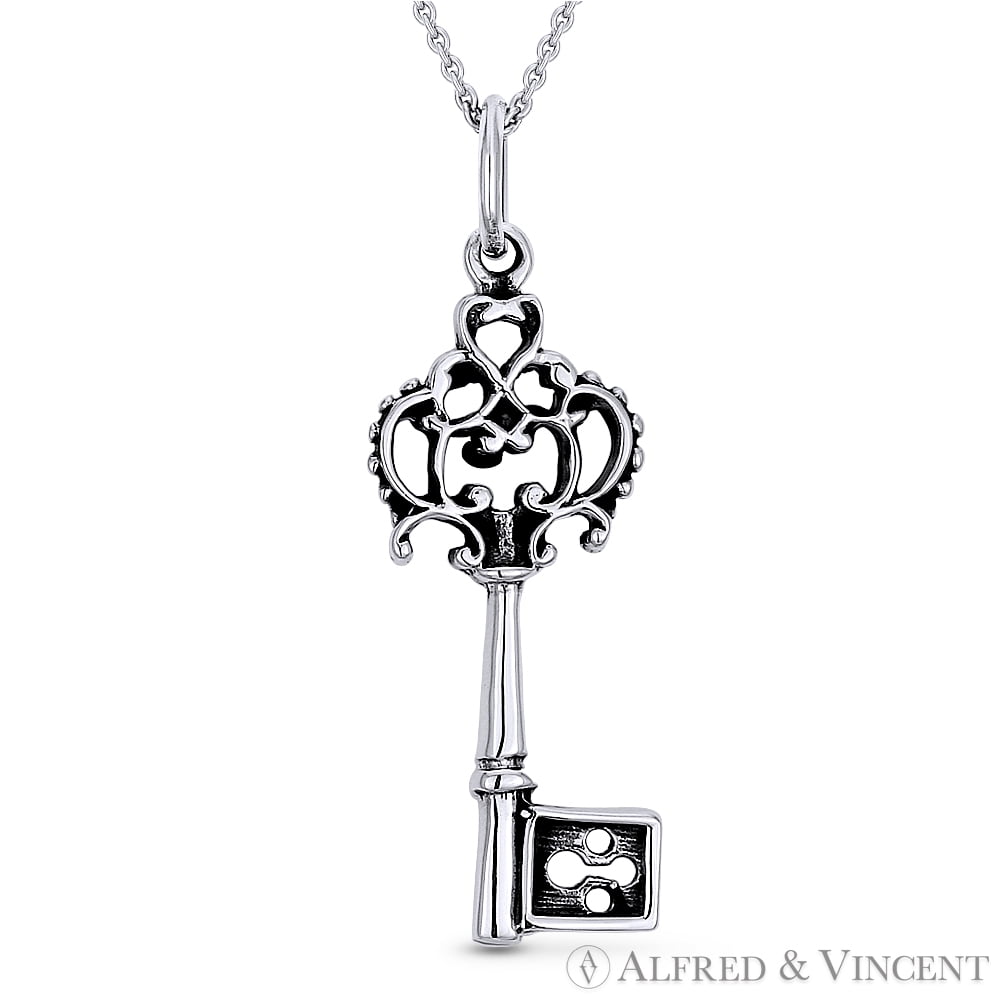 Antique-Style Key Charm Pendant & Cable Chain Necklace in .925 Sterling ...