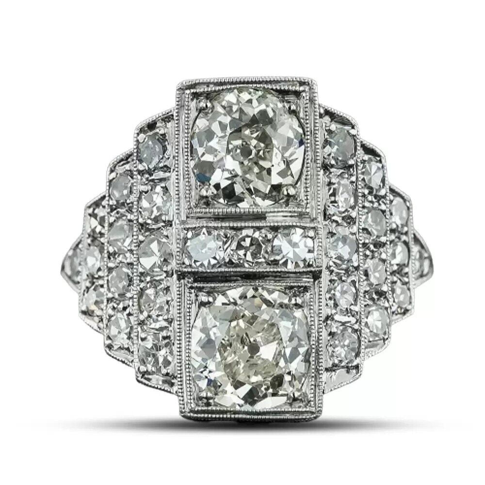 Antique Style Milgrain Two Stone Diamond Ring 2.6 Ct Diamond 14K White ...