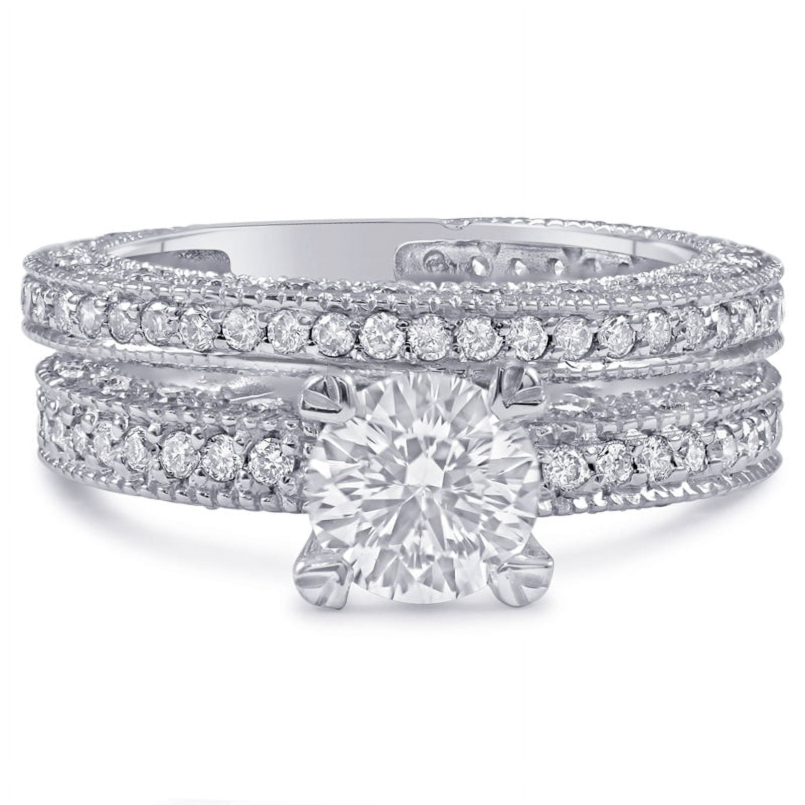Antique Style Round Cut Three Sided Diamond Engagement Ring and Band ...
