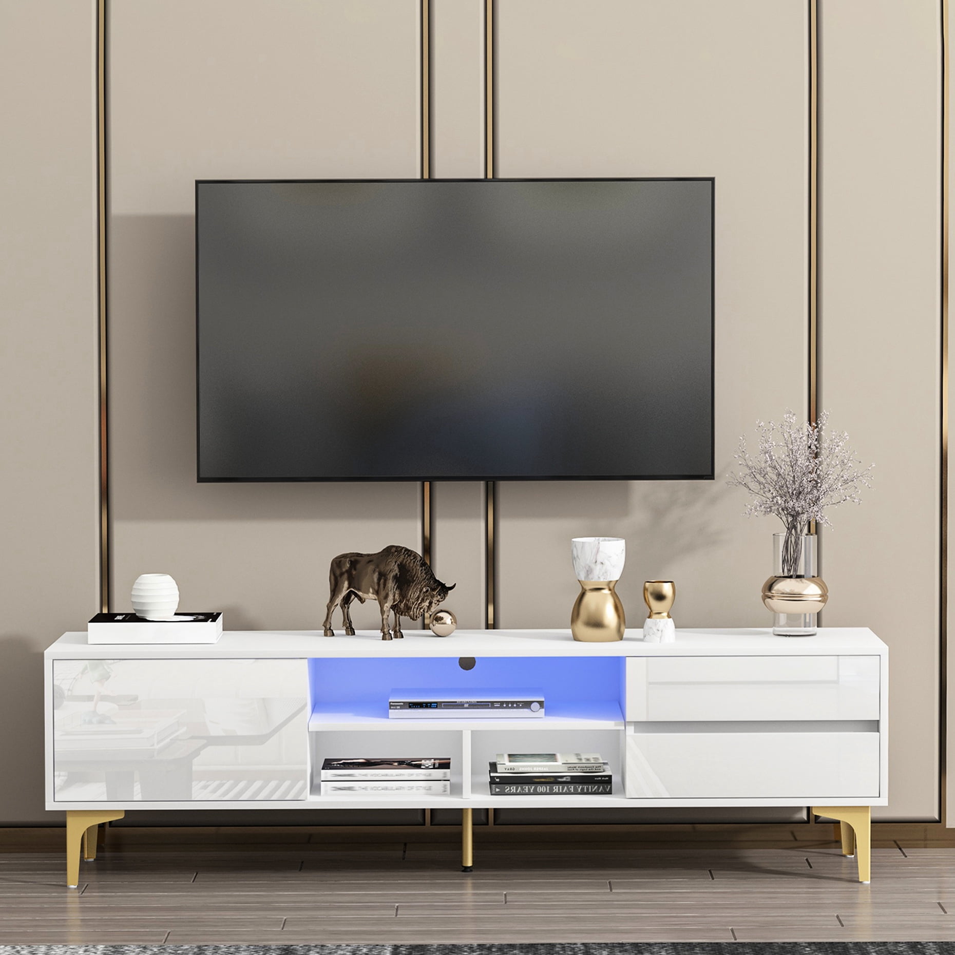 Antique Style Tv Stand, White, With Gold Legs, Brightness Adjustable ...