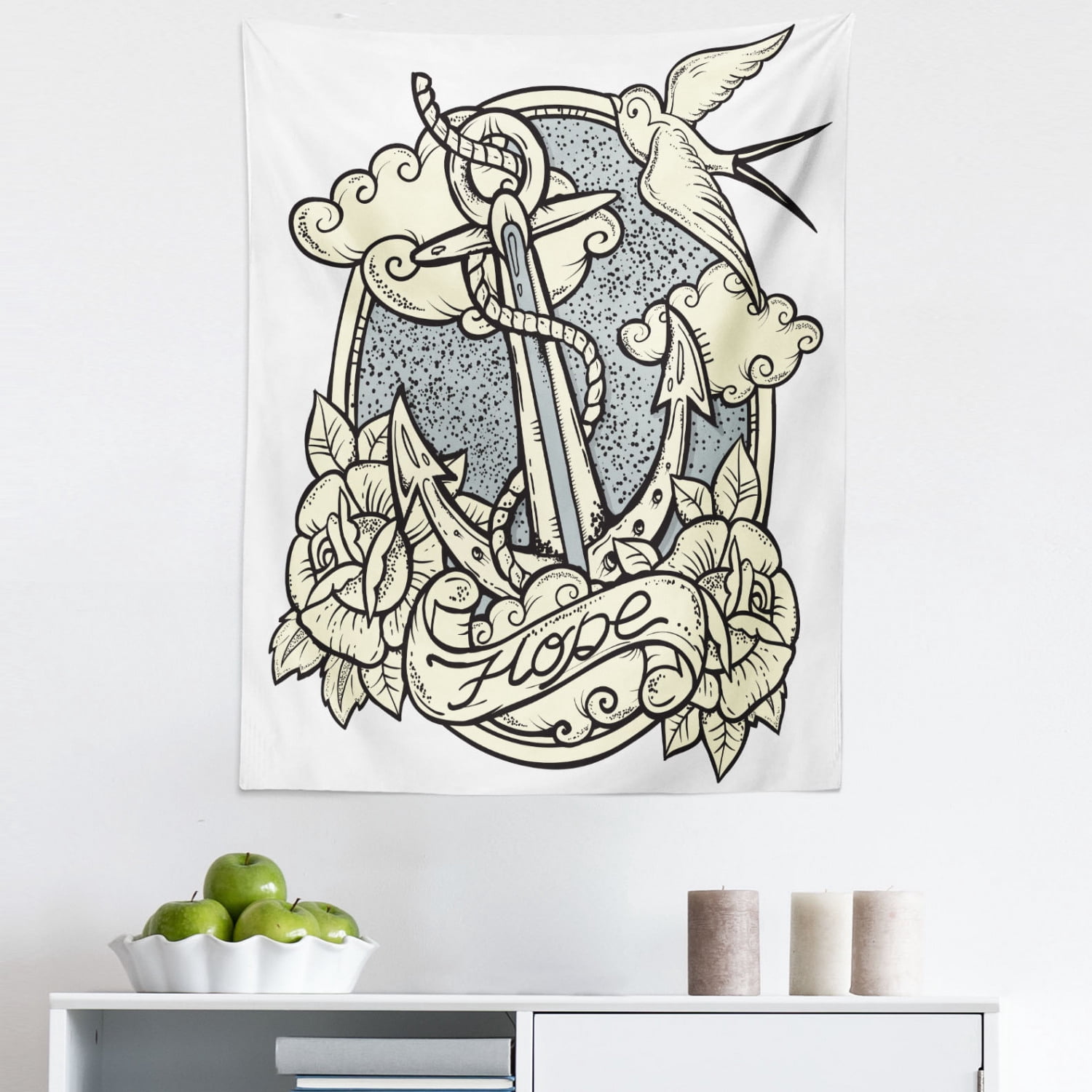Antique Tapestry, Anchor and Roses Antique Monochrome Clouds Bird Wings ...