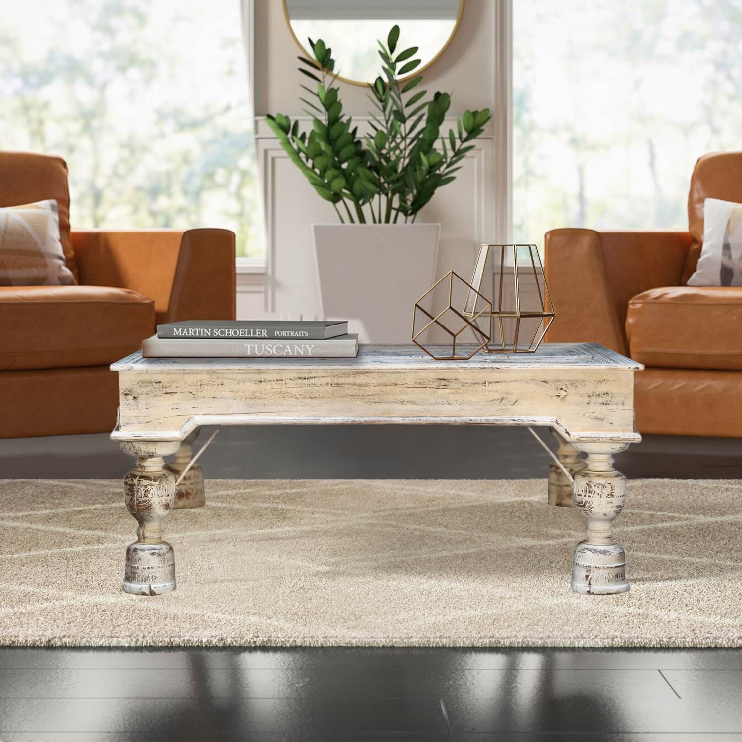 Antique Teak Wood Door Repurposed 43" Square Distressed White Coffee ...