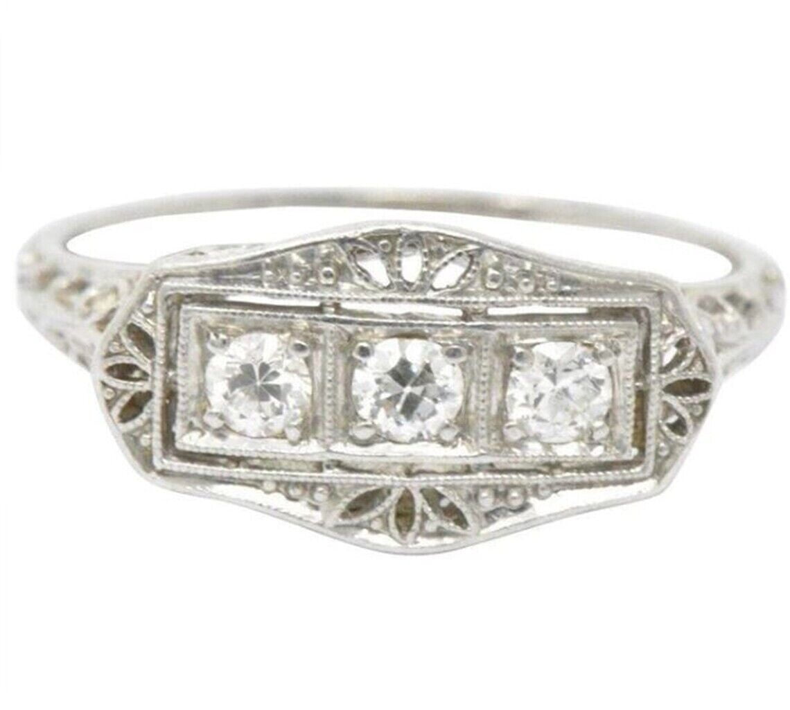 Antique Three Stone Diamond Engagement Ring, Openwork Filigree Ring ...