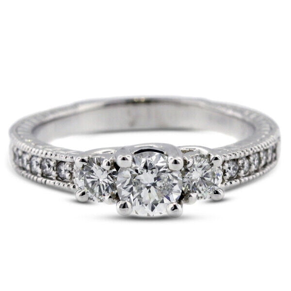 Antique Three Stone Ring Milgrain Ring 14K White Gold Over 1.8 Ct Round ...
