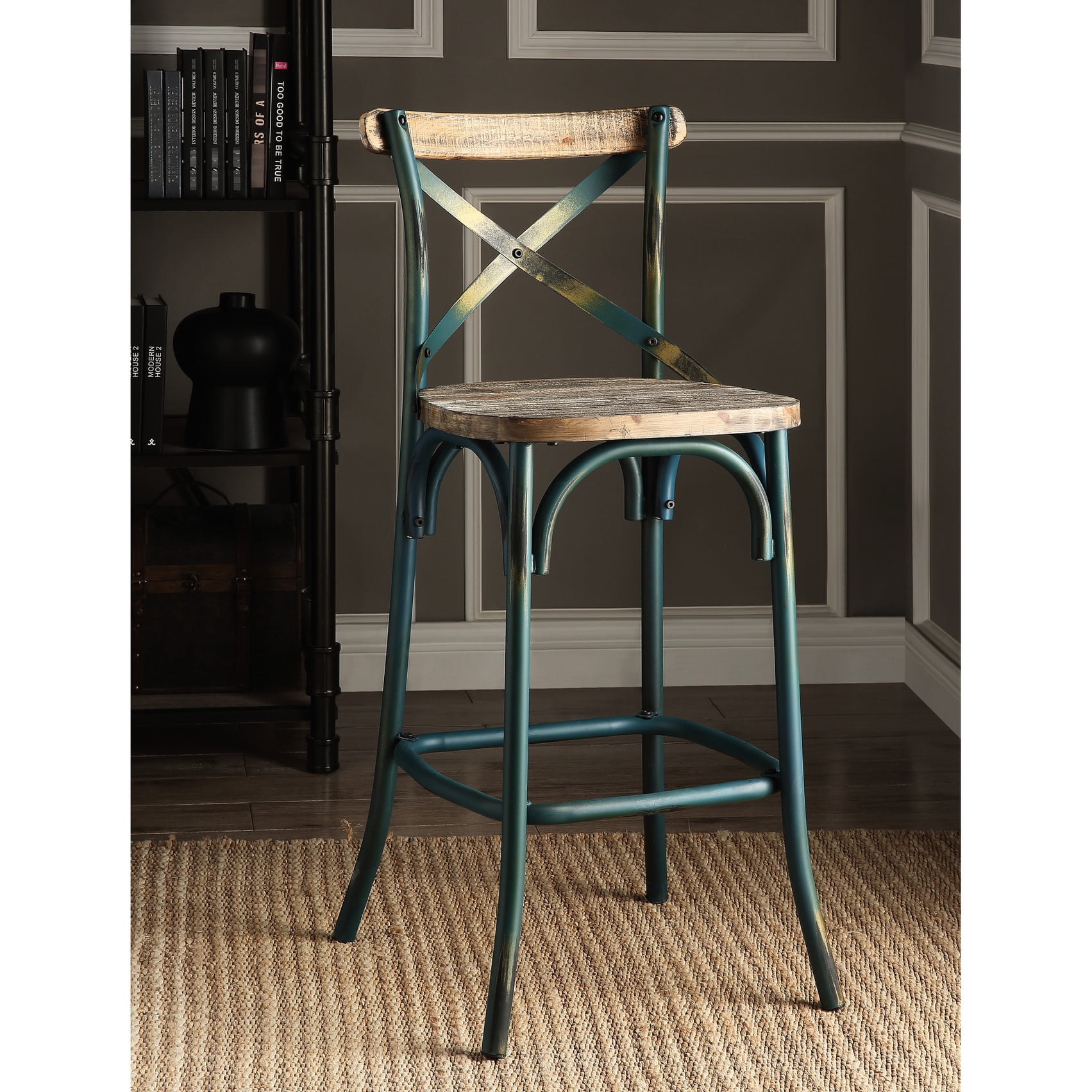 Antique Turquoise & Oak Cross Back Stool for Bar | High Backrest ...