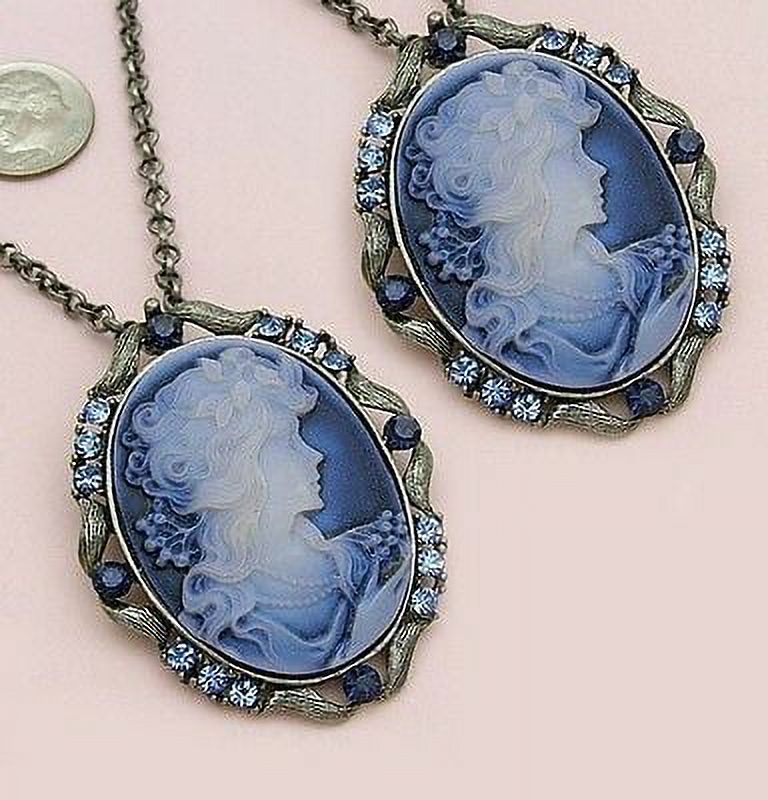 Antique VTG Style Brass Blue Rhinestone Designer Cameo Necklace Chain ...