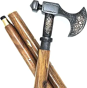 Antique Vintage Brass Axe Handle stick Collectible wood walking stick ...