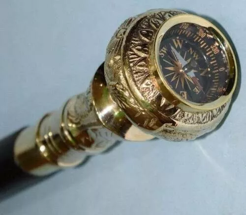 Antique Vintage Compass Brass Handle stick wood walking stick Victorian ...