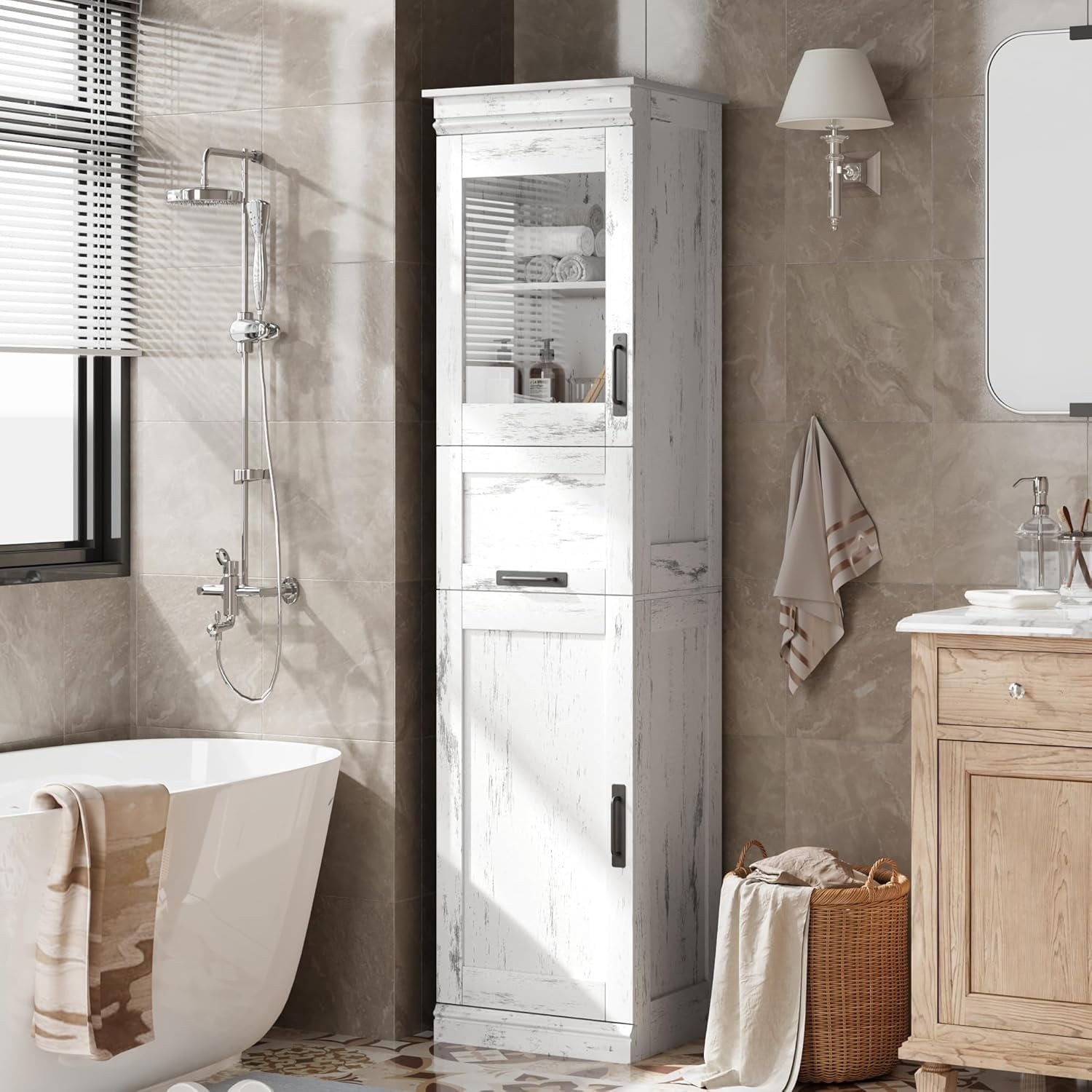 Antique White 70" Tall Narrow Bathroom Cabinet with Doors & Adjustable ...