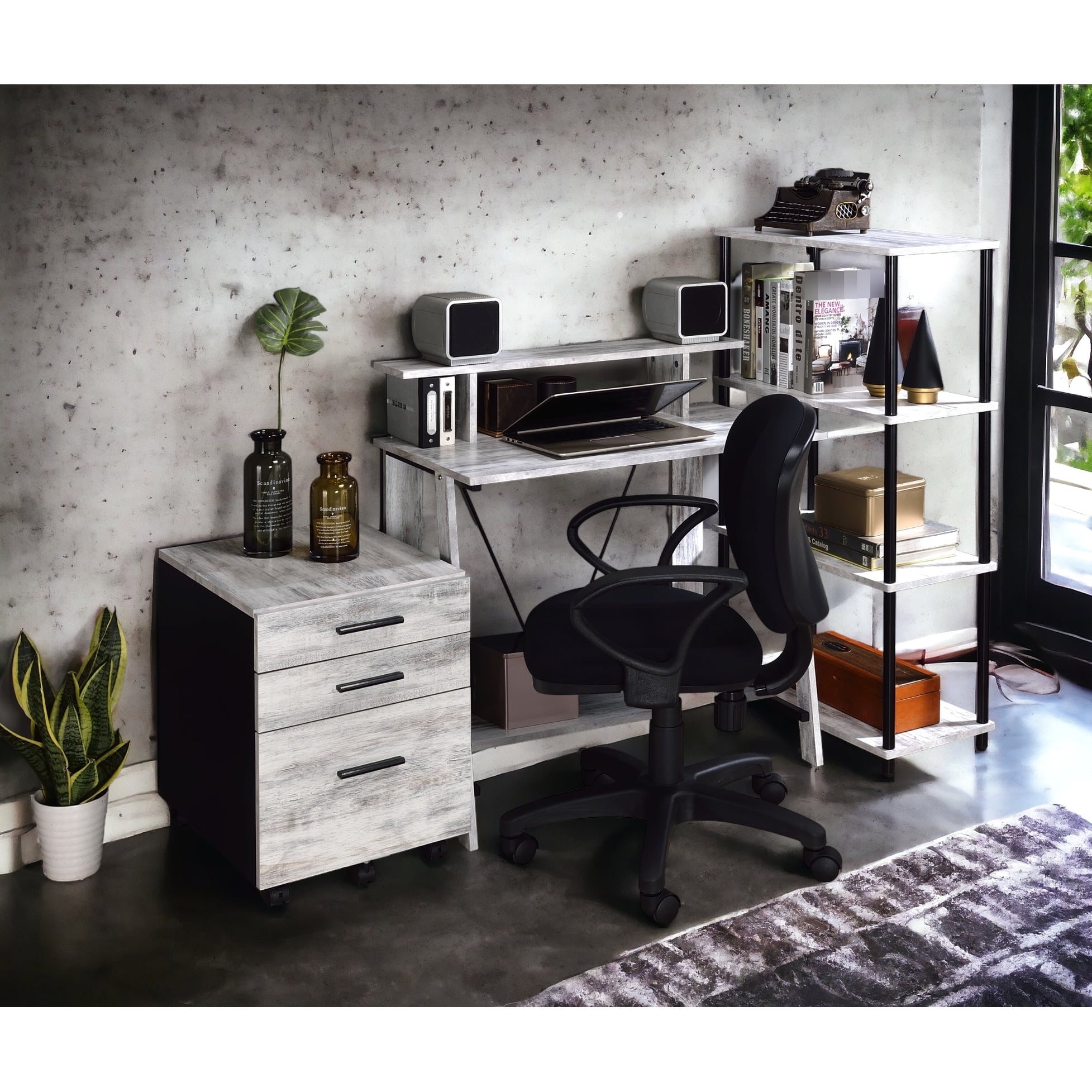 Antique White & Black Finish Desk For Study - Stable Metal Base With ...
