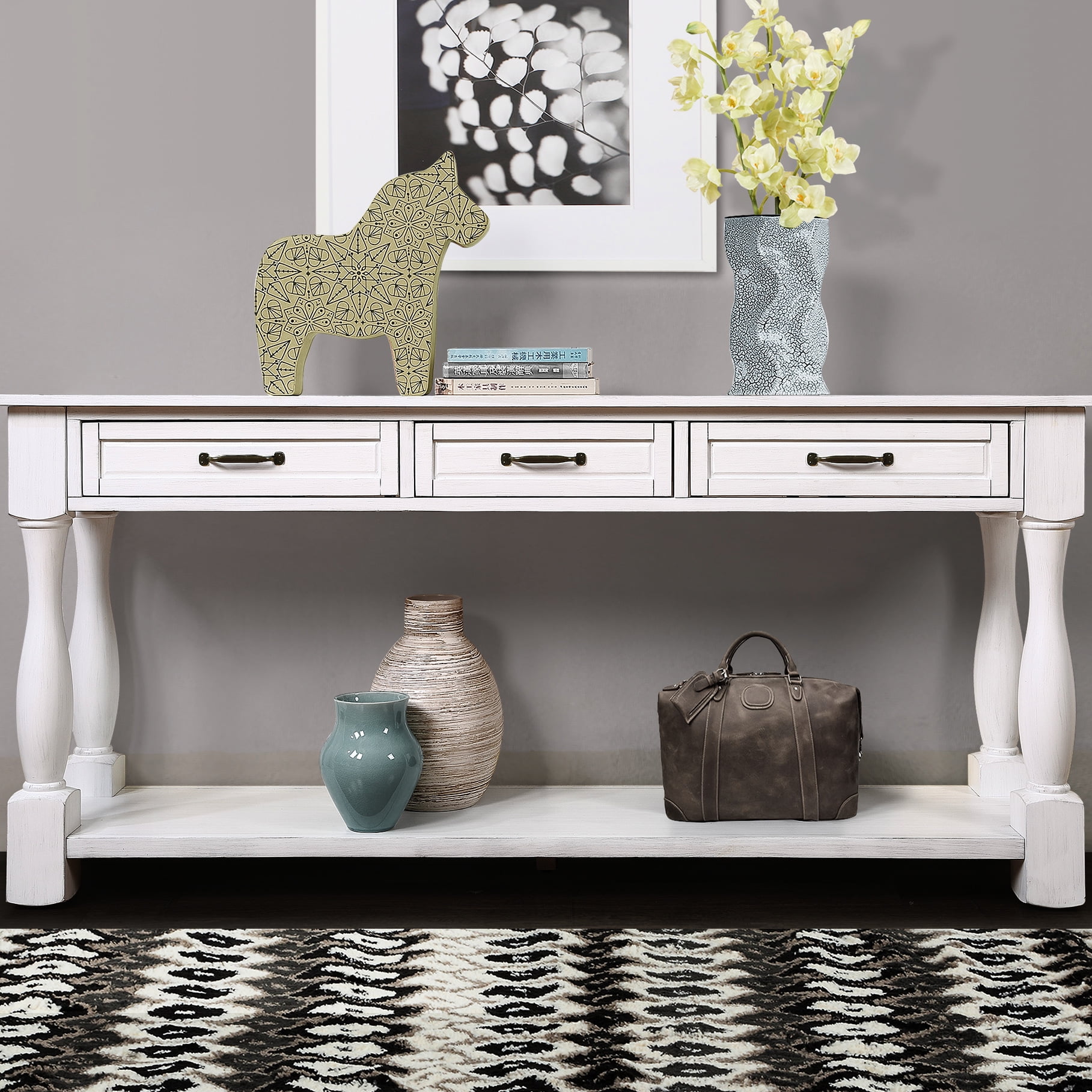 Antique White Console Table 63inch, Solid Wood, 3 Functional Drawers, 1 ...