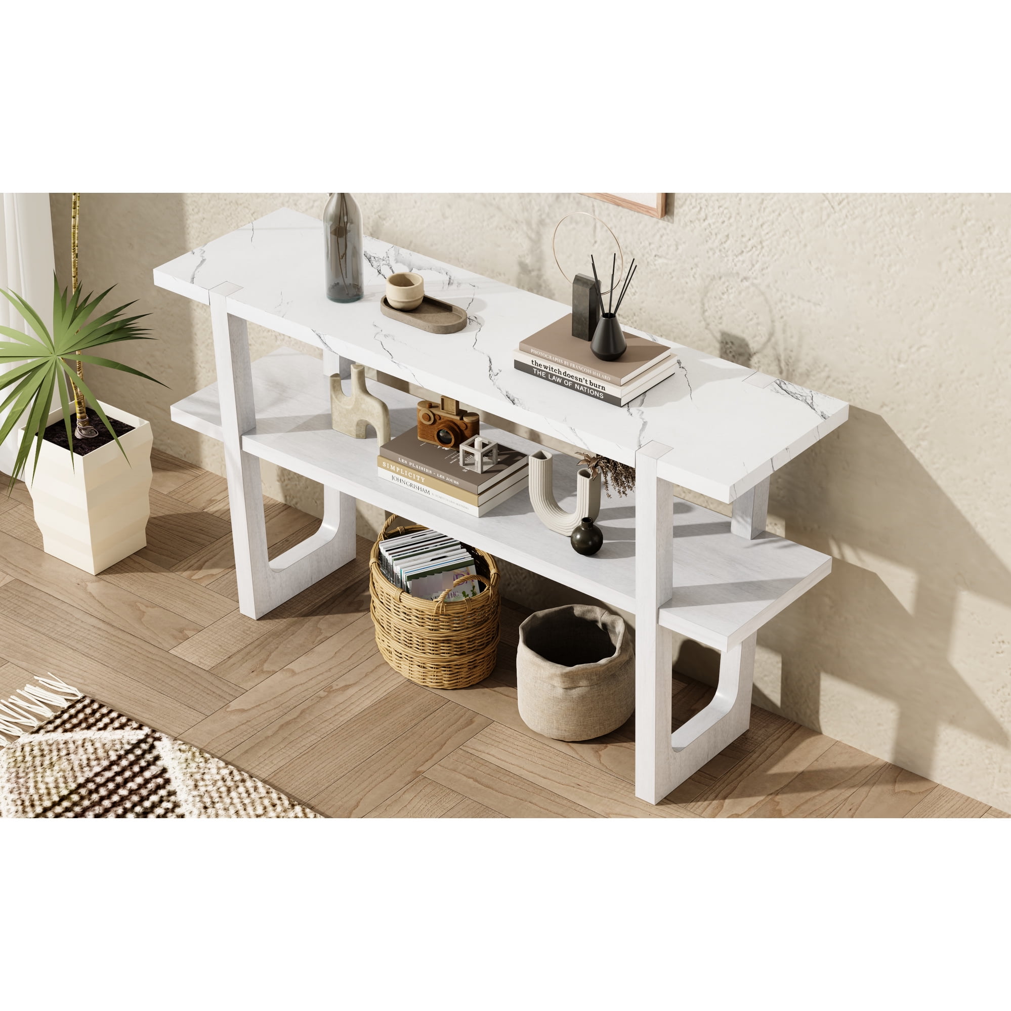 Antique White Console Table, Marble-effect Surface & Functional Design ...
