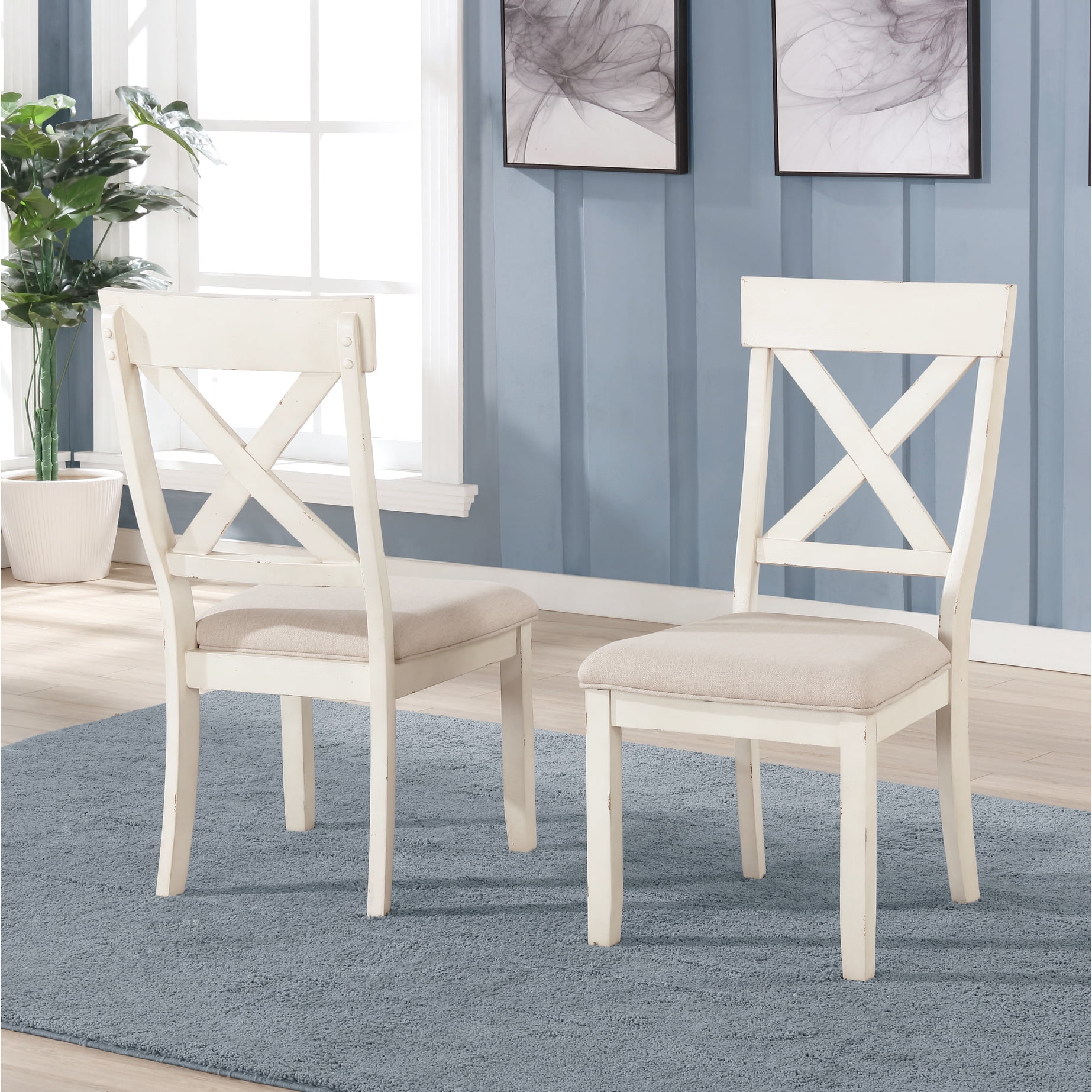 Antique White Cross Back Upholstered Dining Chairs, Of 2. Wood With Tan ...