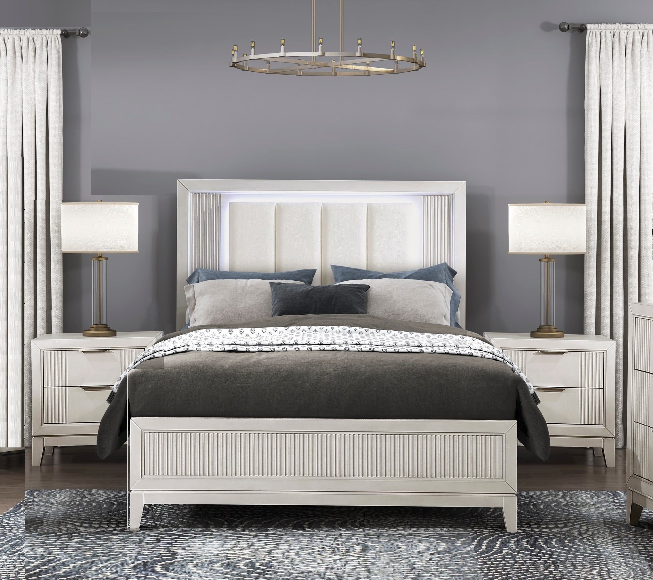 Antique White Finish 3pc Modern Bedroom Set Queen LED Bed and Two ...