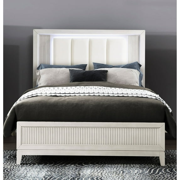 Antique White Finish Queen Bed, Led Headboard & Upholstered Cushion ...