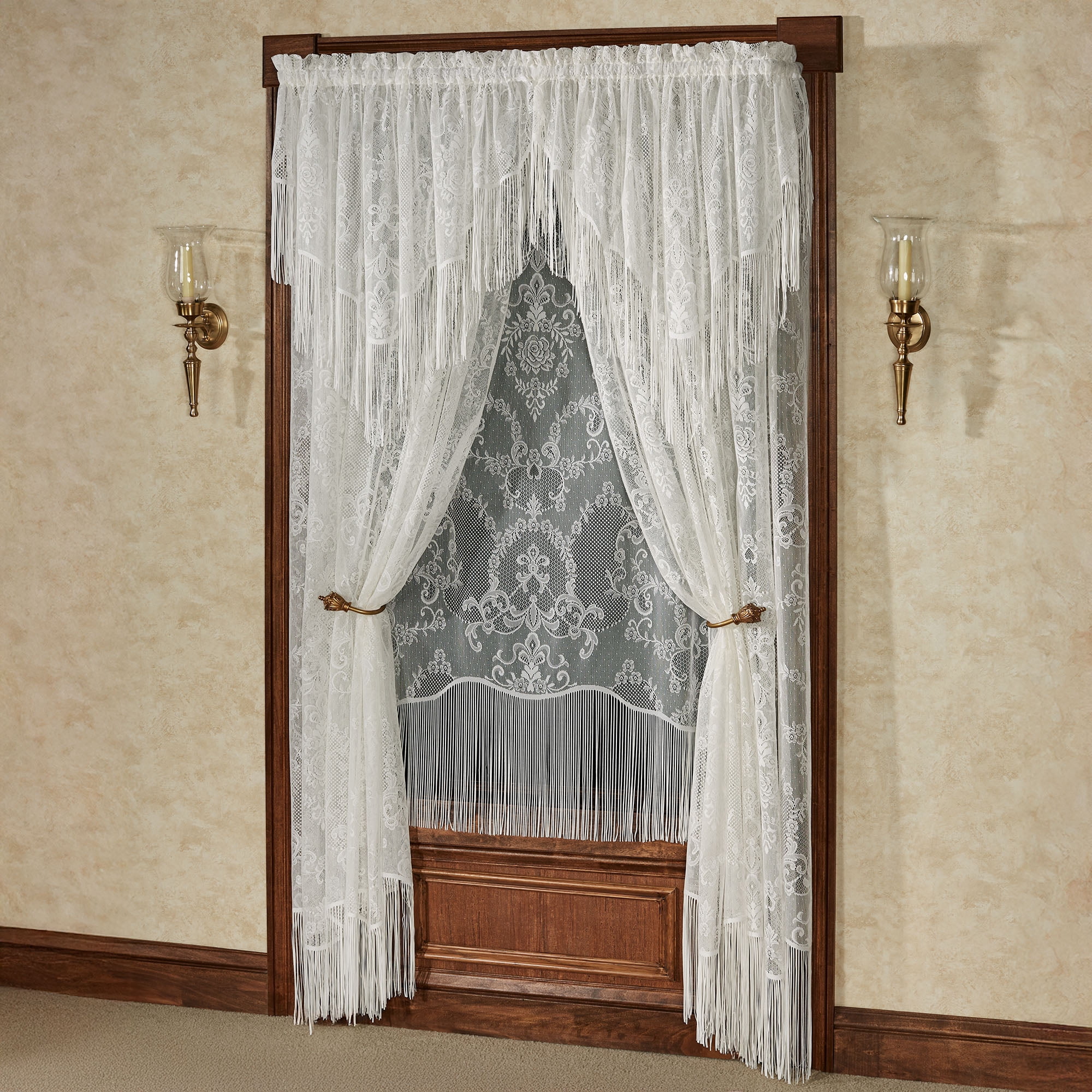 Antique White Fringed Window Set: 2 Ascot Valances, 1-63L Panel, & 2 ...