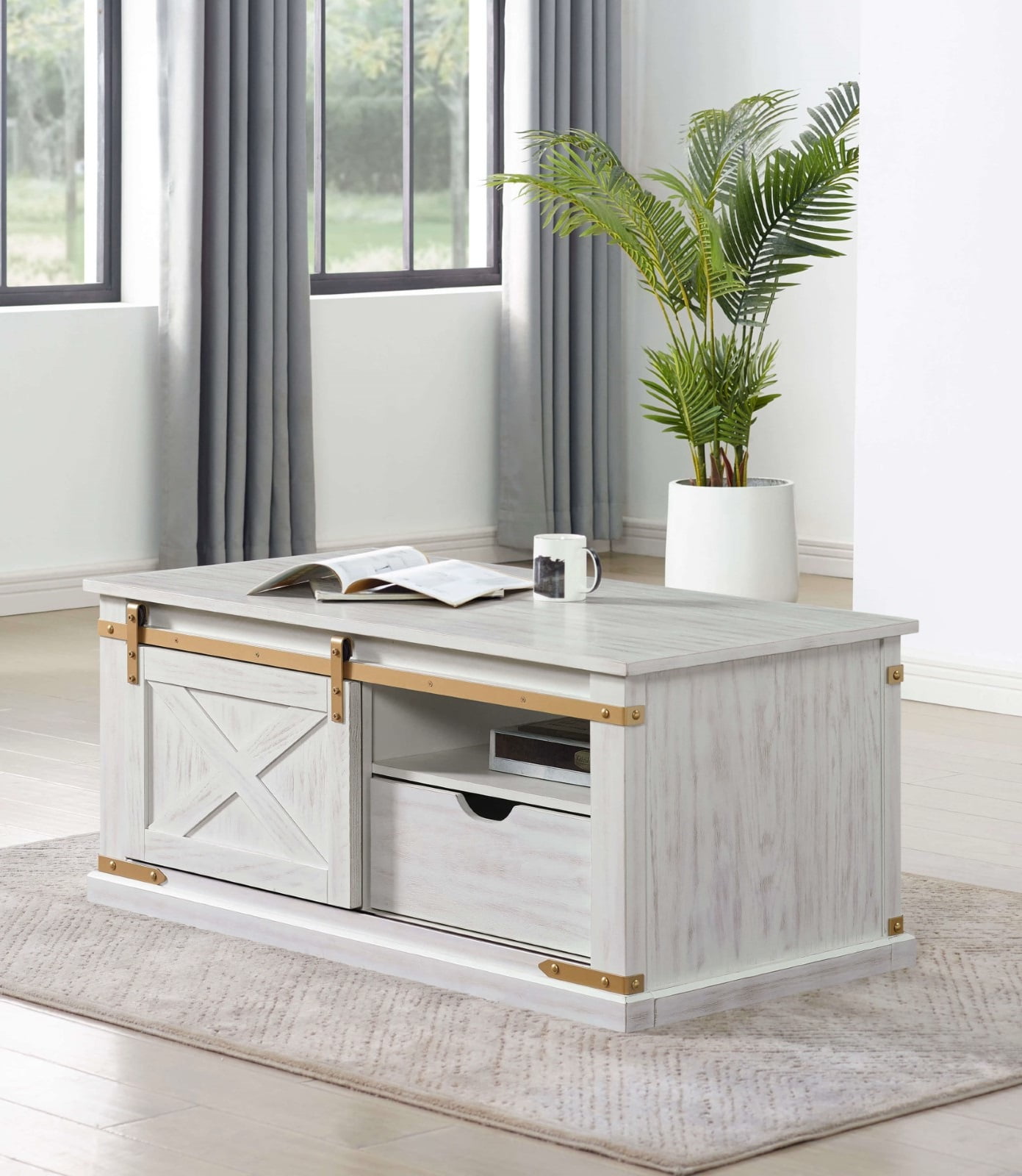 Antique White & Gold Rustic Coffee Table with Dual-Sided Drawer ...