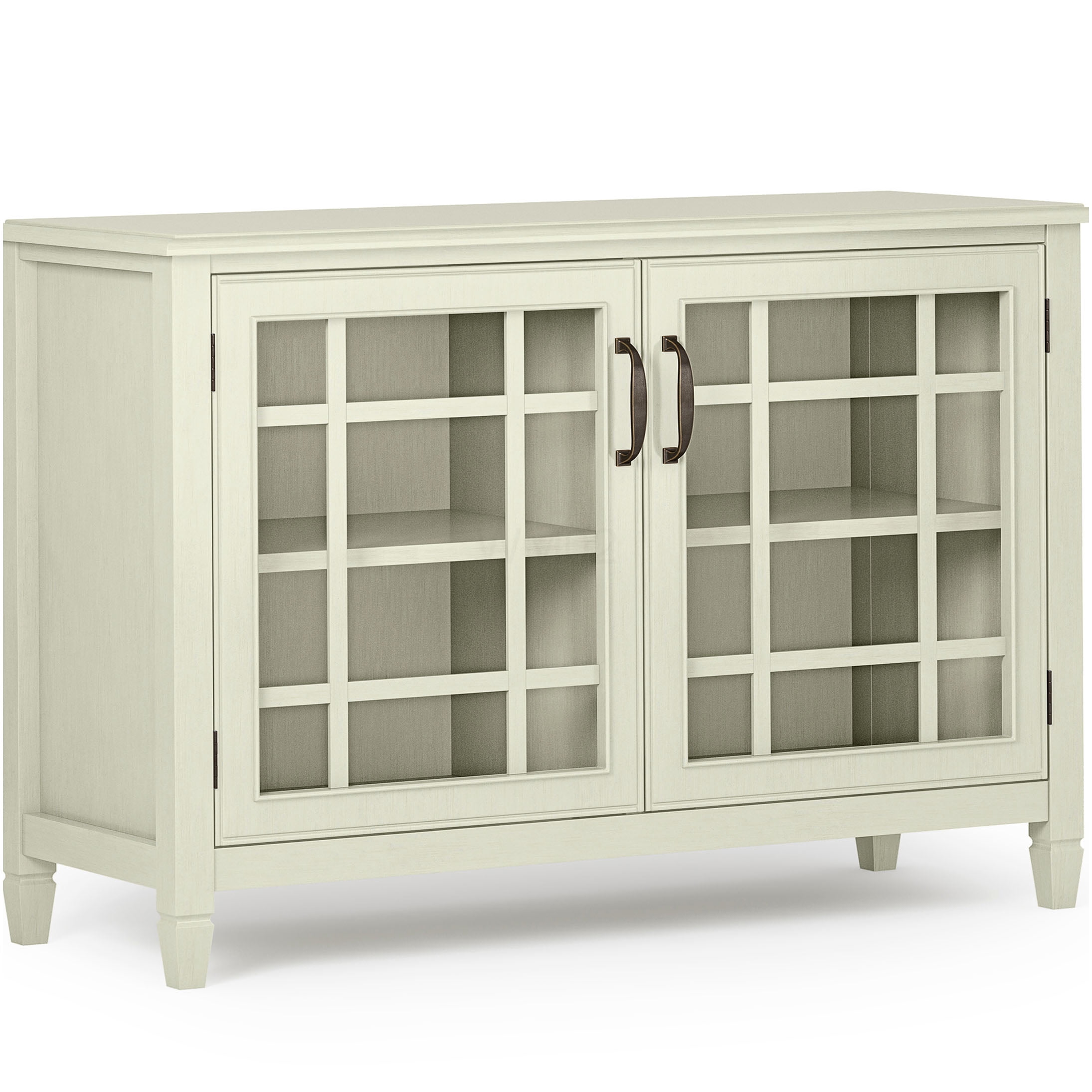 Antique White Low Storage Cabinet with Glass Doors, Solid Wood Display ...