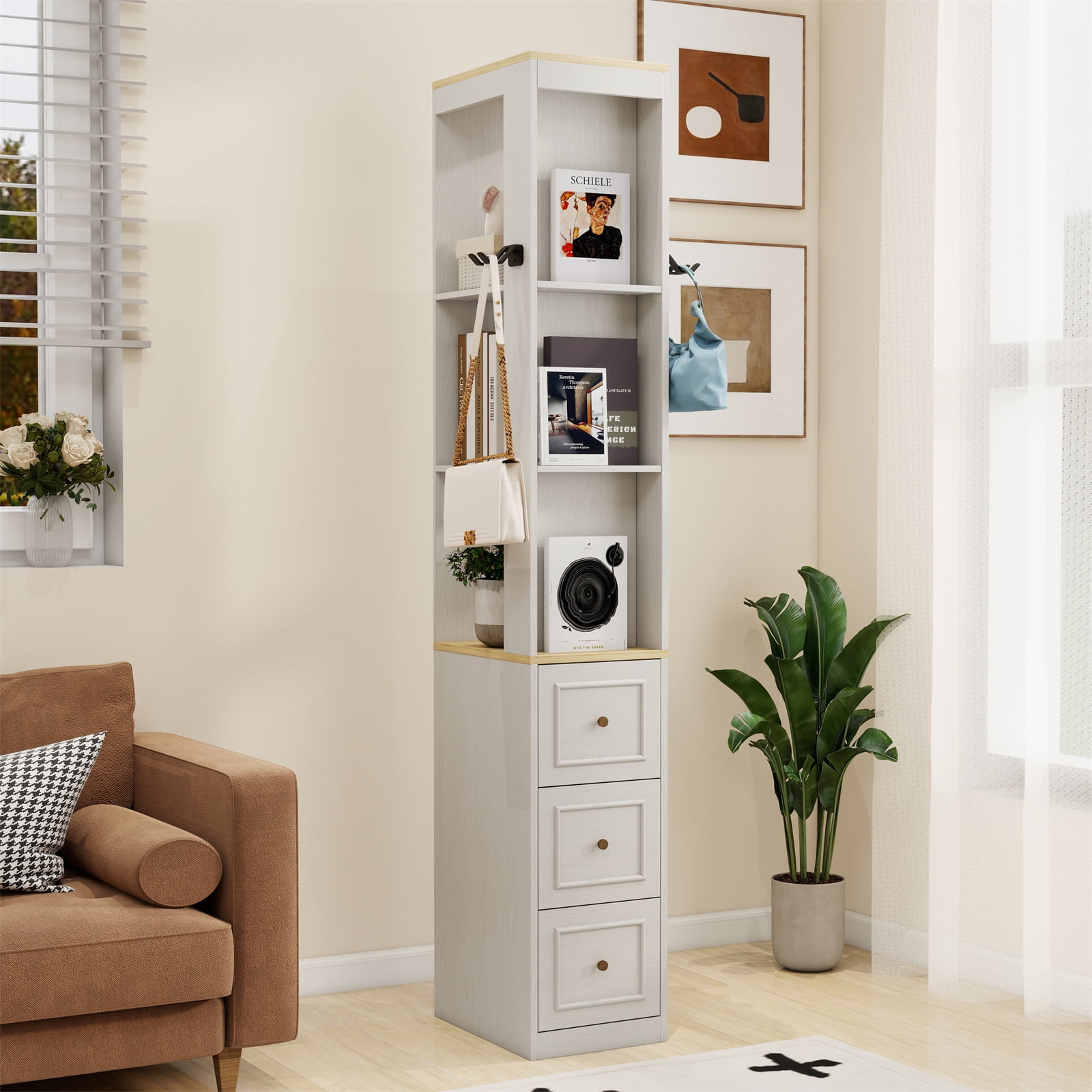 Antique White MDF Slim Storage Cabinet - 73.03 in Tall for Living Room ...