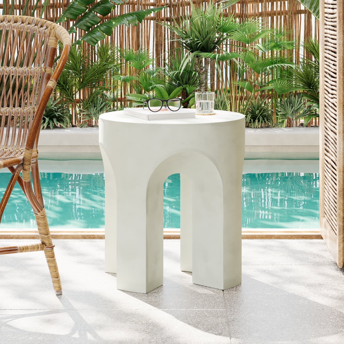 Antique White Outdoor MGO Round Top Side Table Lightweight Concrete No ...