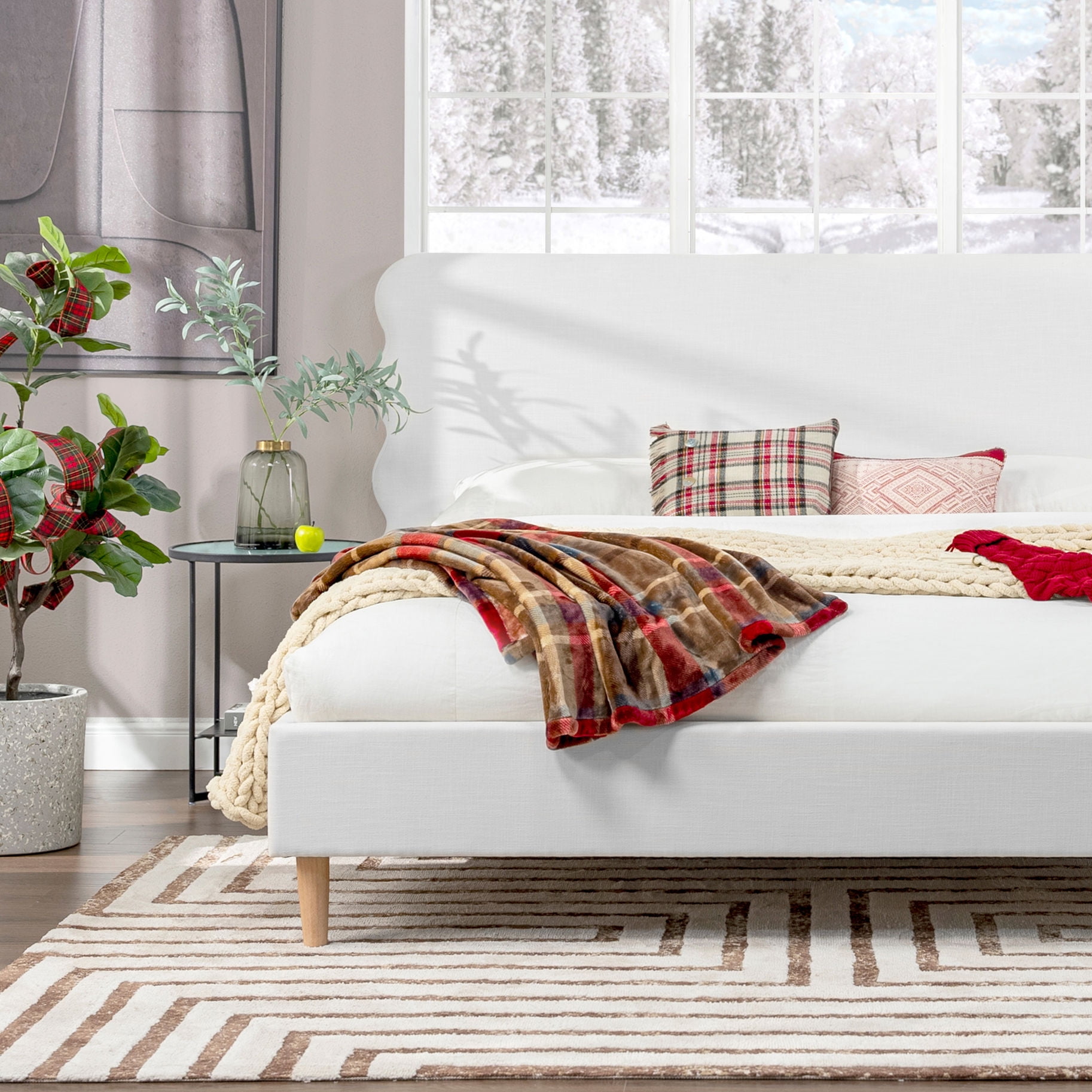 Antique White Polyester Bed | Wavy Headboard Design | Support Slats for ...