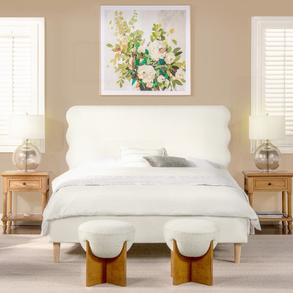 Antique White Polyester Stockholm Queen Bed with Upholstered Wavy ...