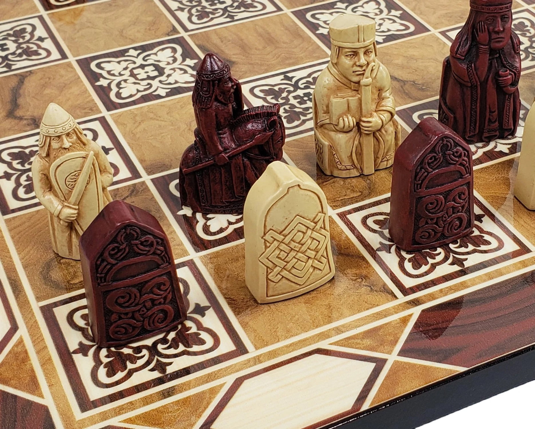 Antique White Red Mini Isle of Lewis Chess Set With 17" Burlwood Color ...