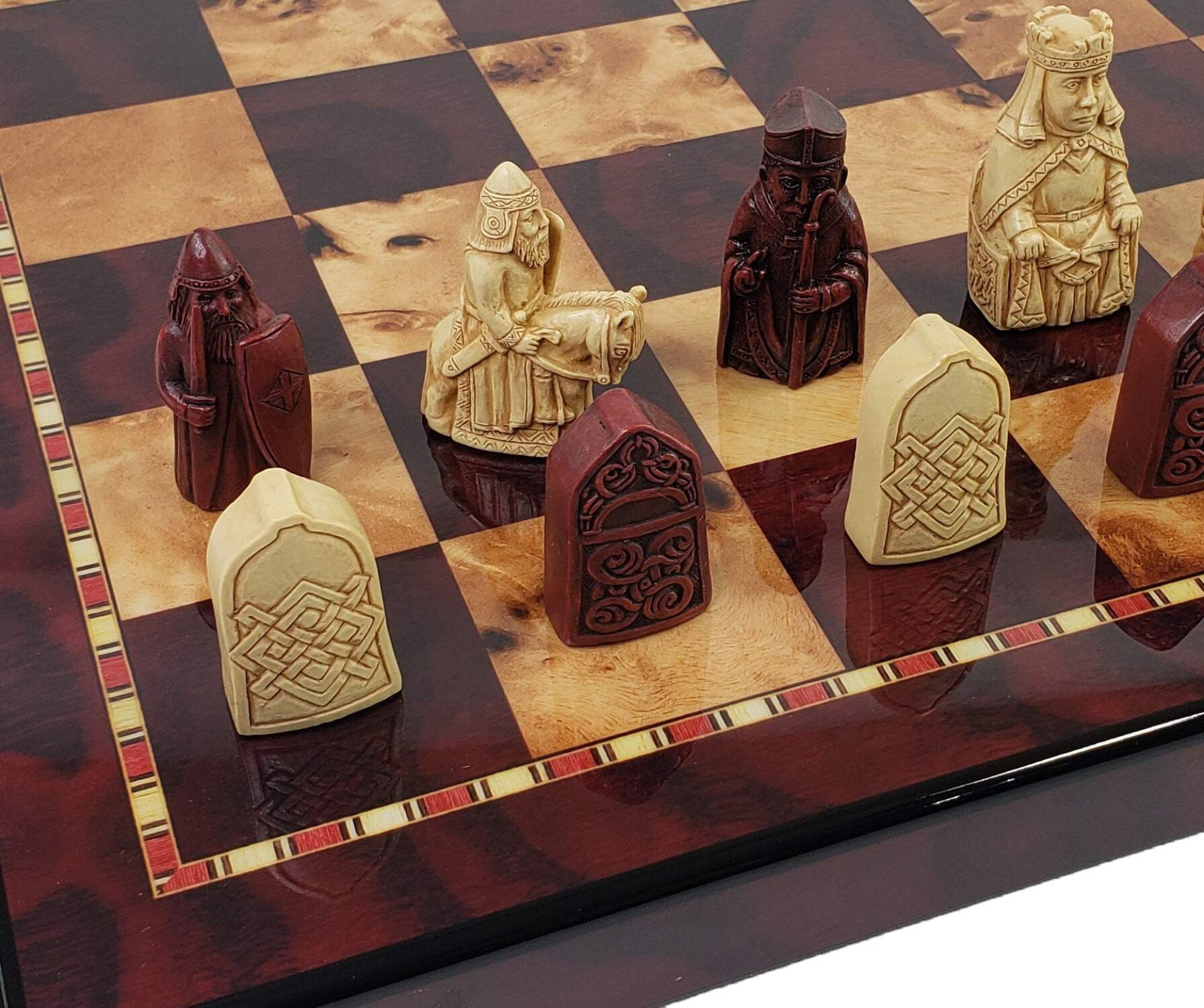 Antique White Red Mini Isle of Lewis Chess Set with Wooden Pieces and ...