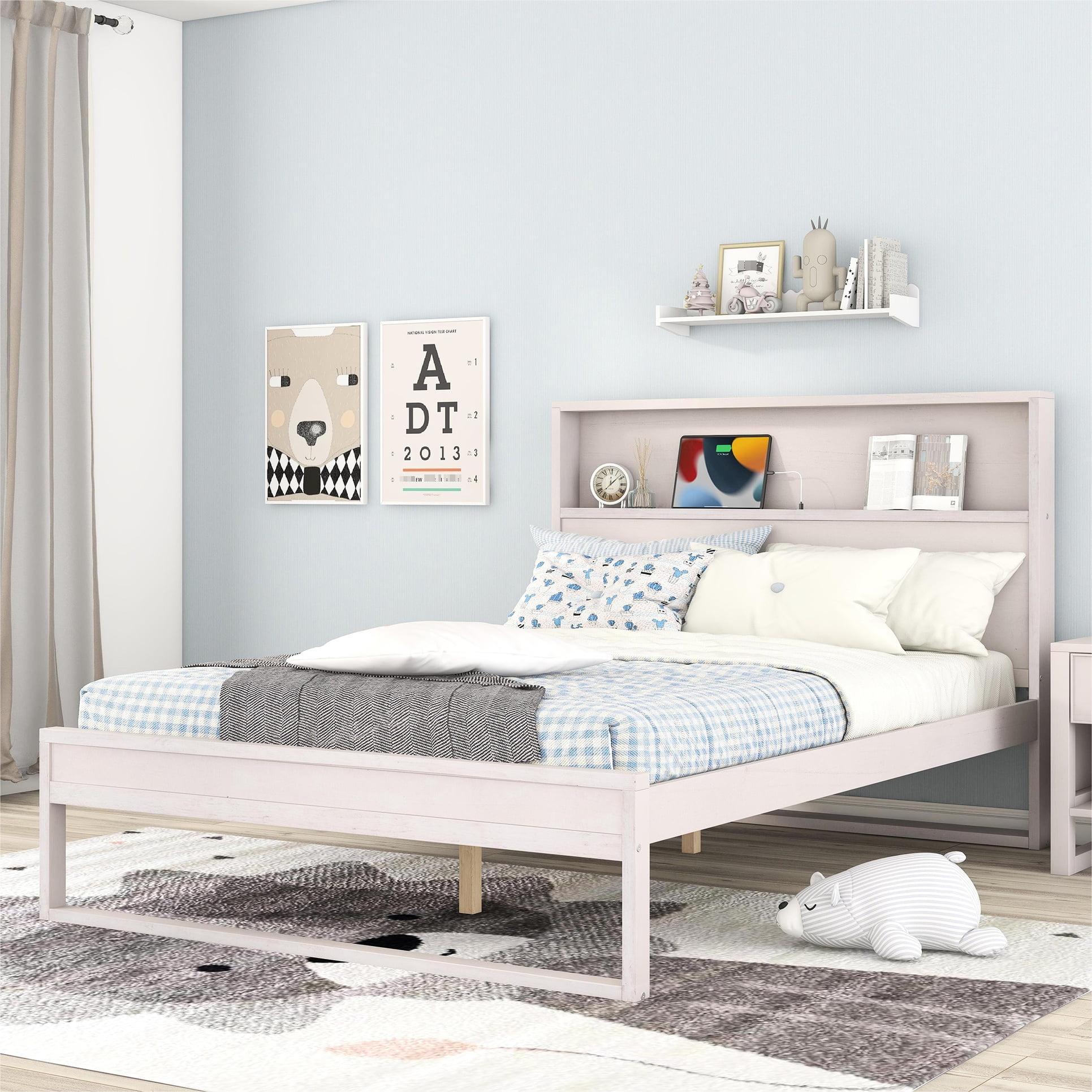 Antique White Storage Platform Bed With Headboard, & Socket - Stable ...