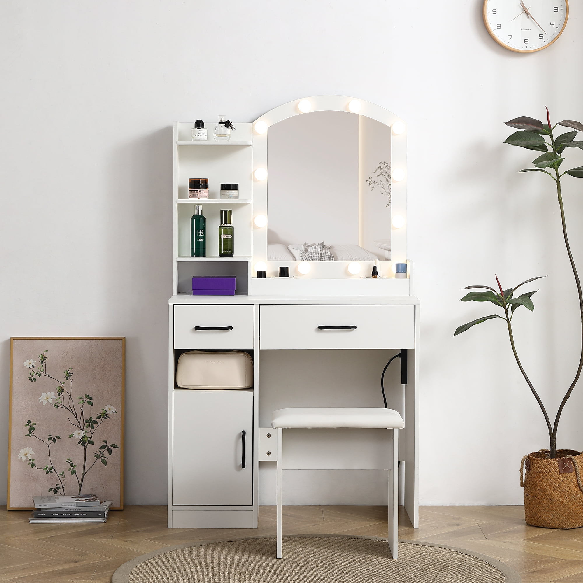 Antique White Vanity Table with Charging Station & Nightstand, Vanity ...
