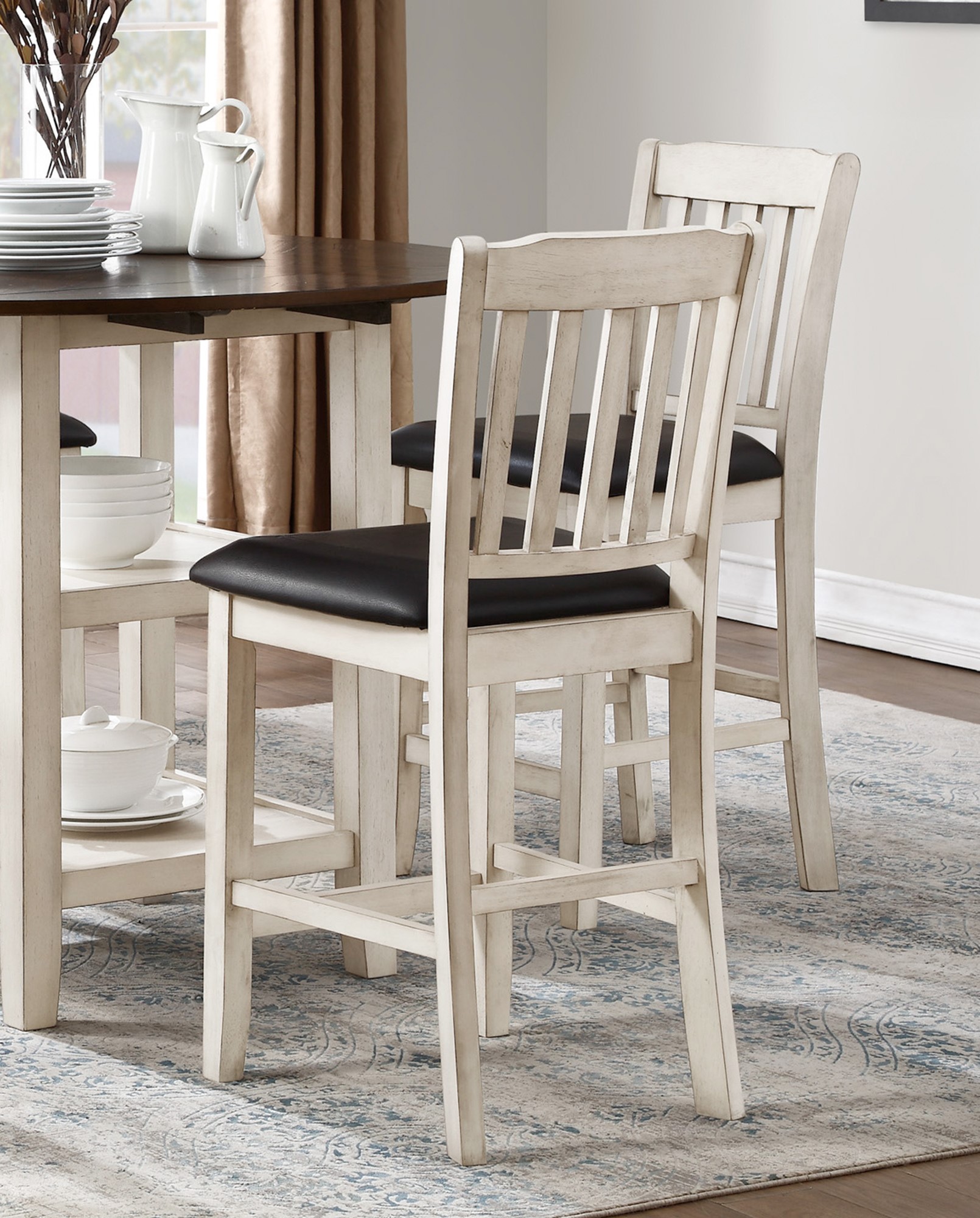 Antique White Wash Counter Height Chairs (Set of 2) w/ Dark Brown Faux ...