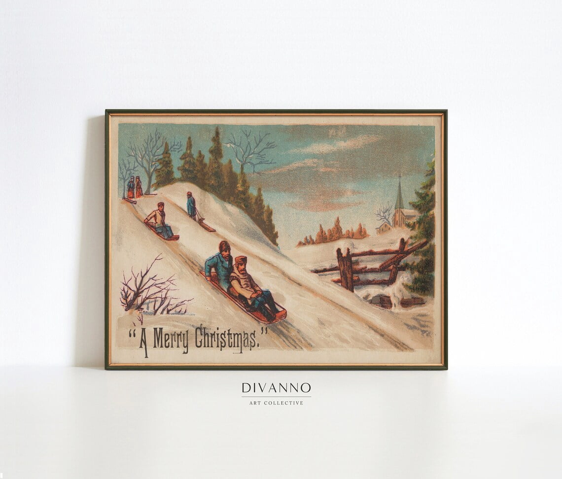 Antique Winter Sledding Print Victorian Childrens Play Art, UNFRAMED ...