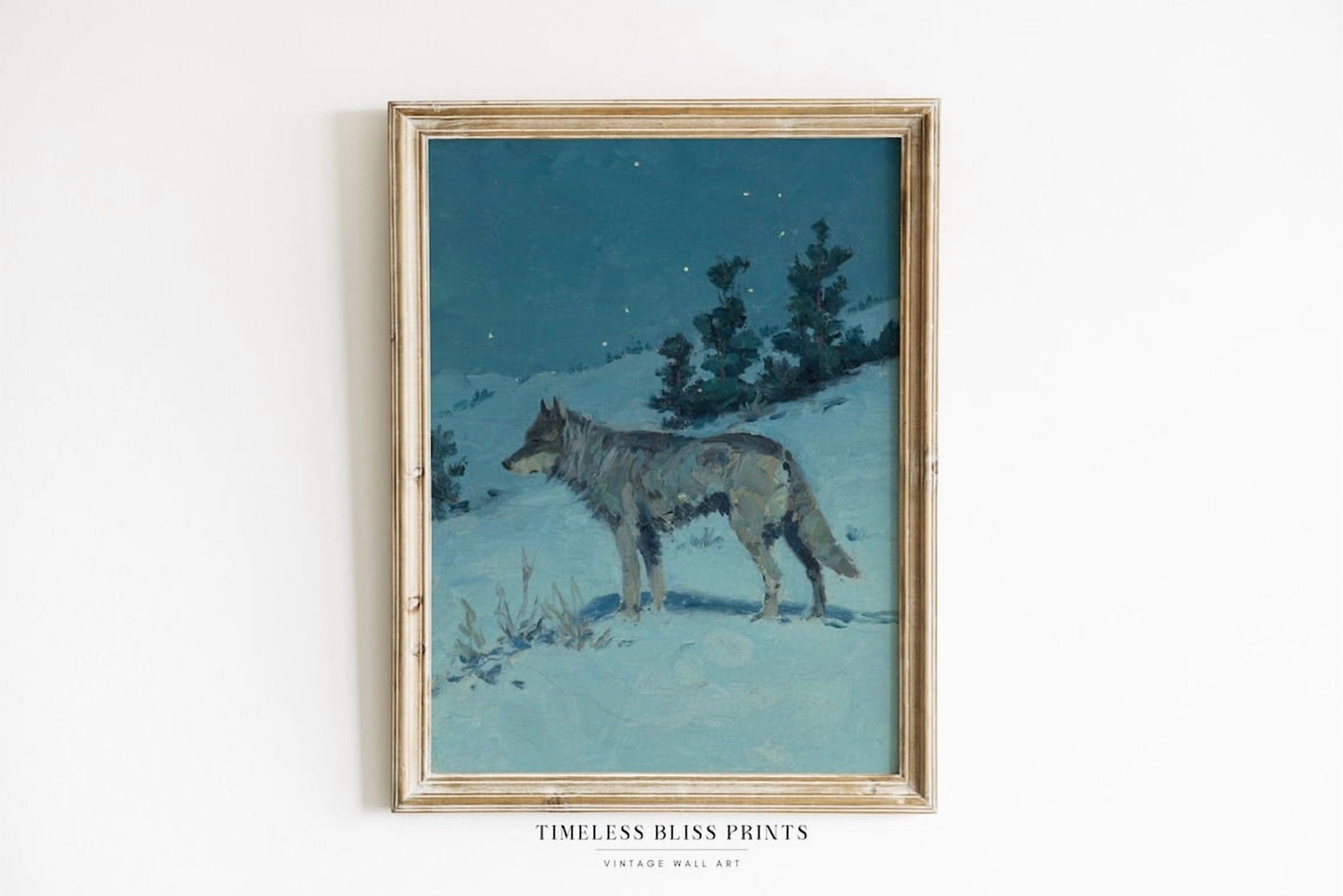 Antique Wolf Print Vintage Wolf Winter Landscape Night Evening Snow ...
