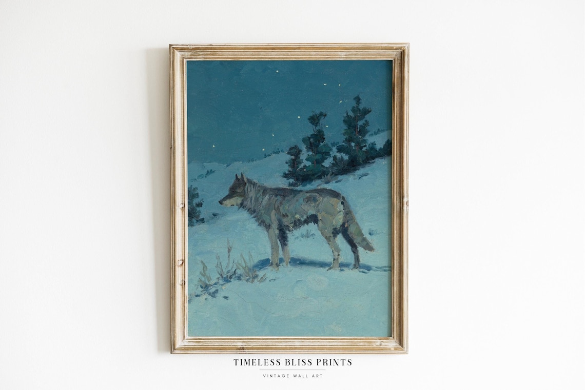 Antique Wolf Print Vintage Wolf Winter Landscape Night Evening Snow ...
